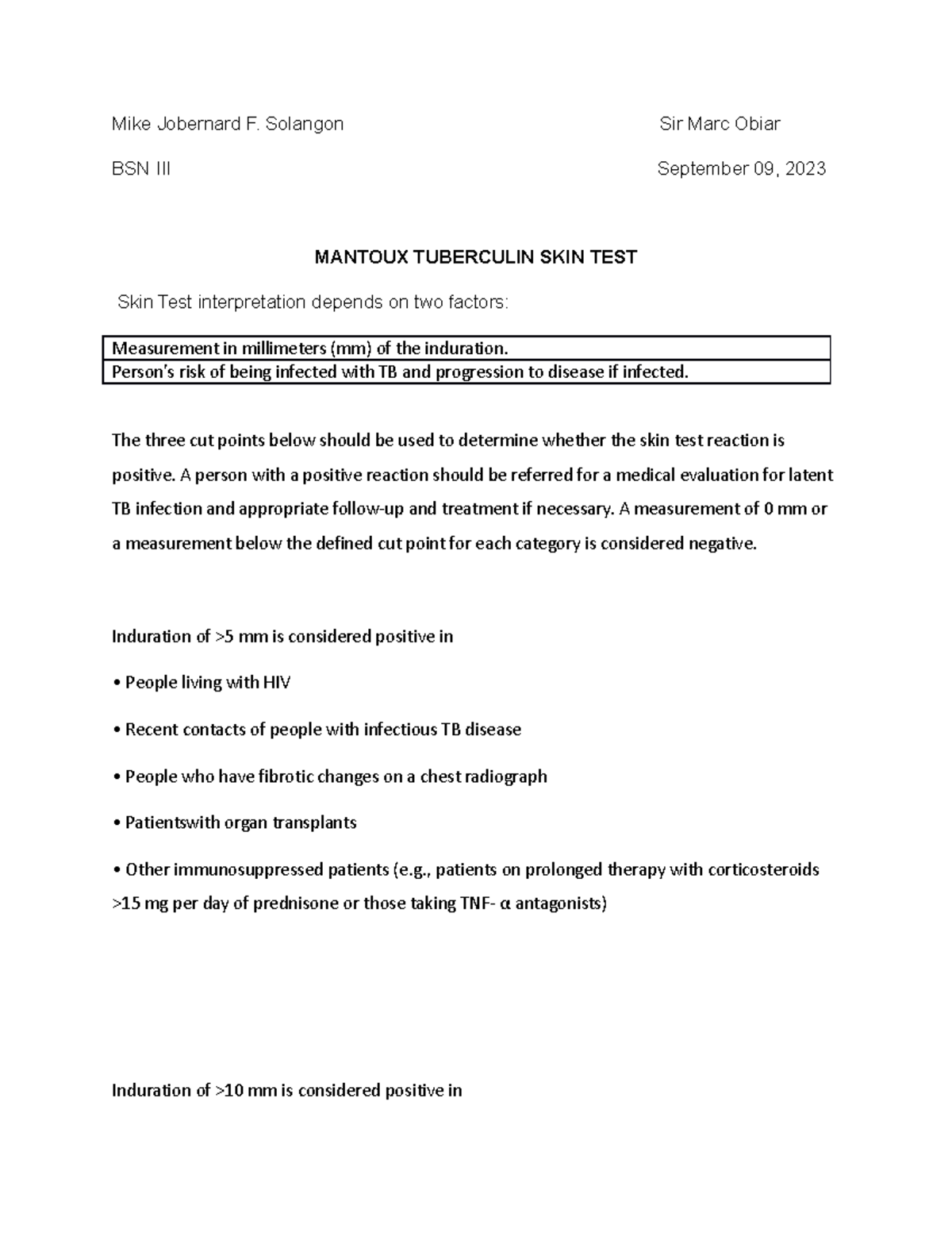 Mantoux Tes mike - Nursing lecture notes - Mike Jobernard F. Solangon ...