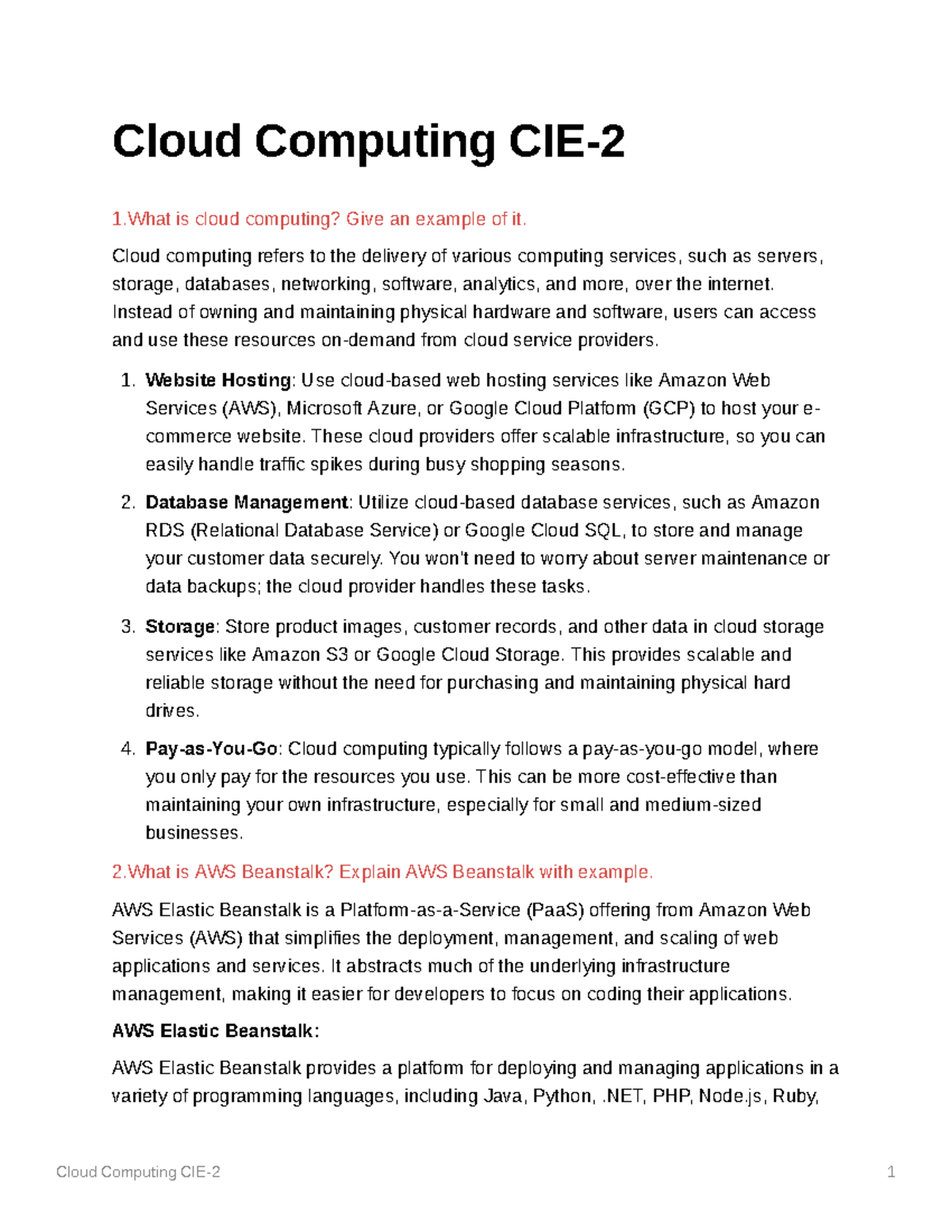 Cloud Computing CIE-2-1 - Cloud Computing CIE- 1 is cloud computing? Give an example of it ...