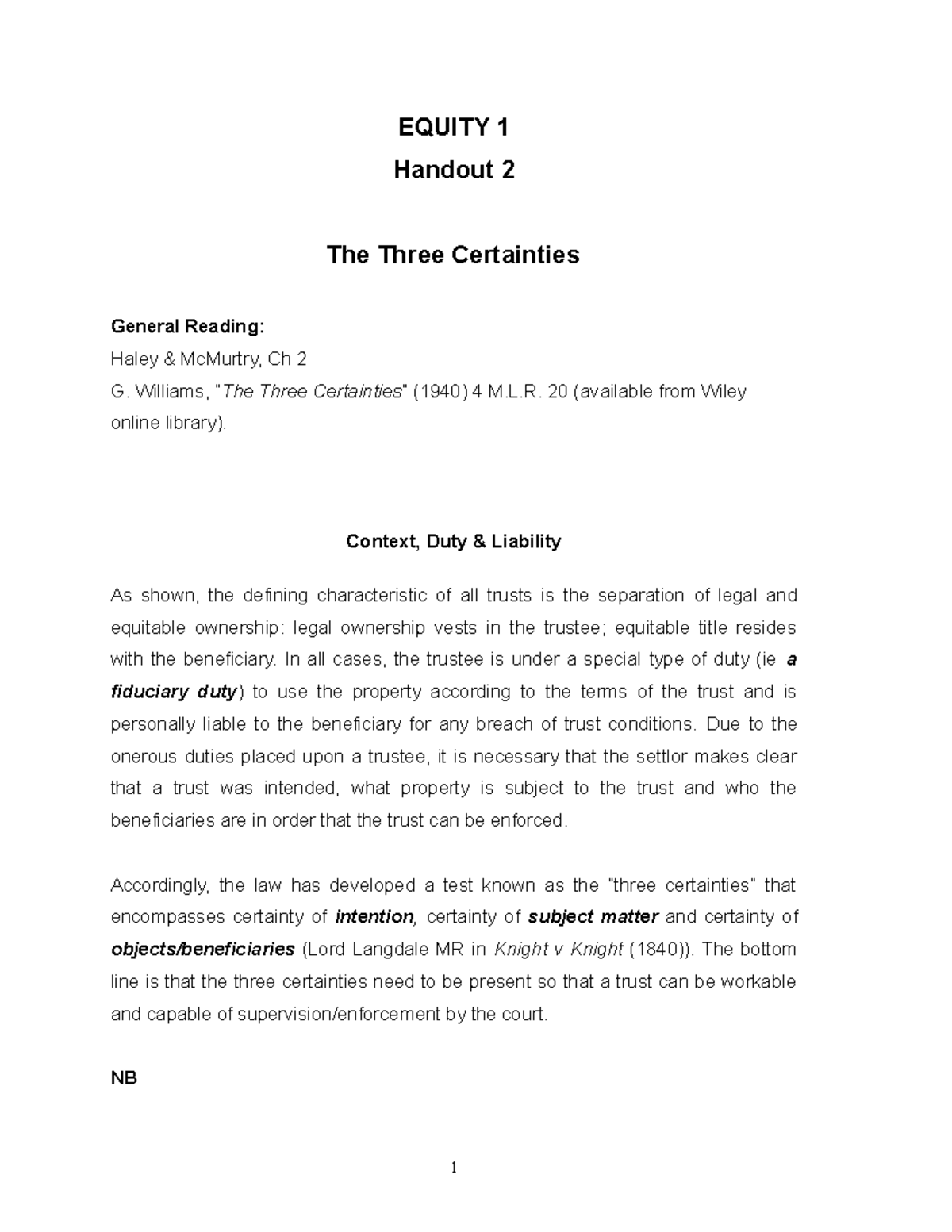 Lecture Handout The Three Certainties - EQUITY 1 Handout 2 The Three Certainties General Reading ...