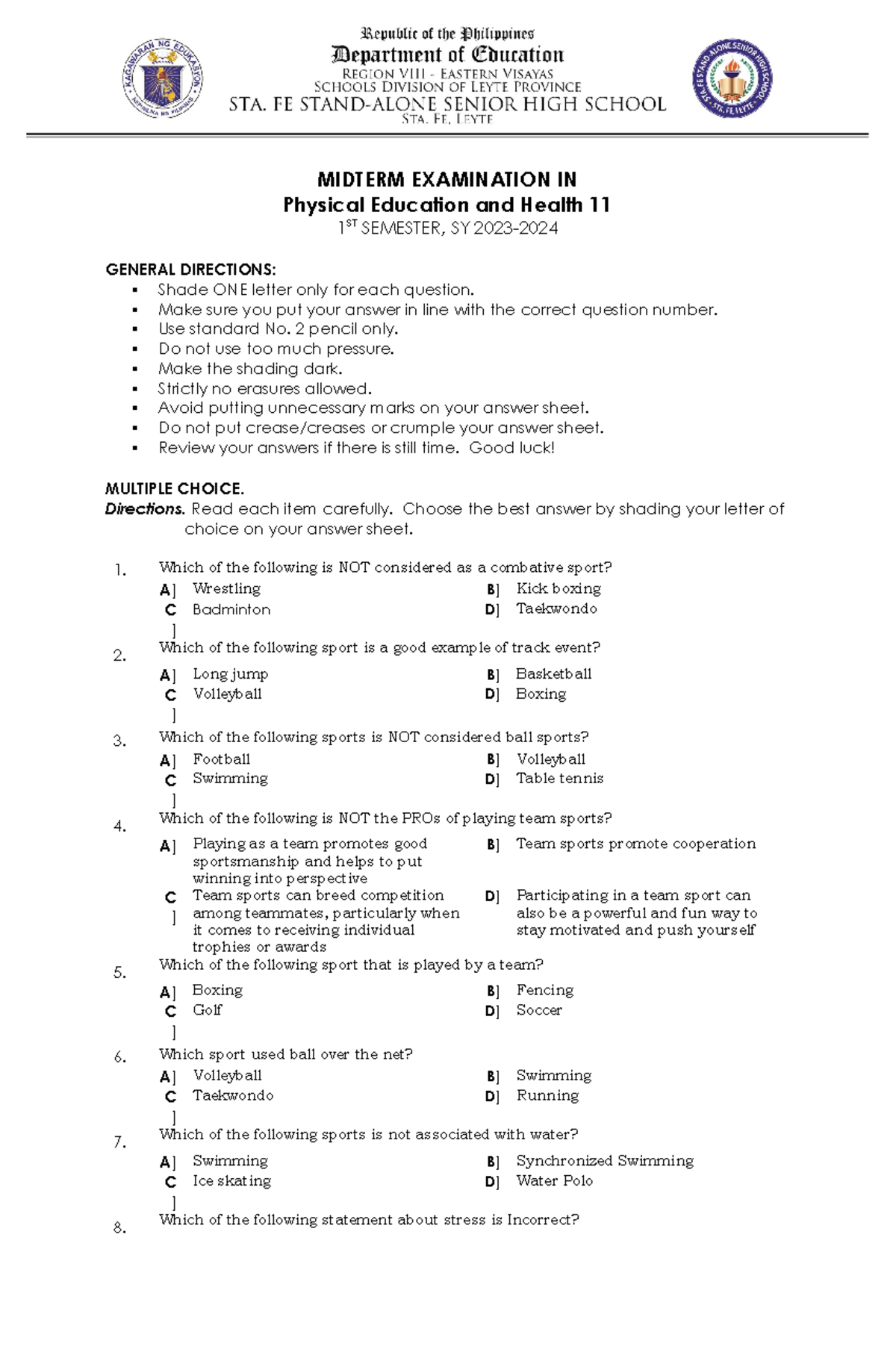 PE 11 EXAM 23 24 - MIDTERM EXAMINATION IN Physical Education and Health ...