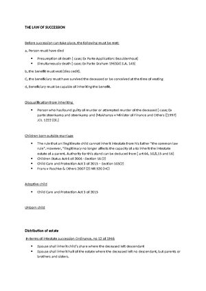 Law of Succession Notes - LAW OF SUCCESSION Semester 1 Introduction ...