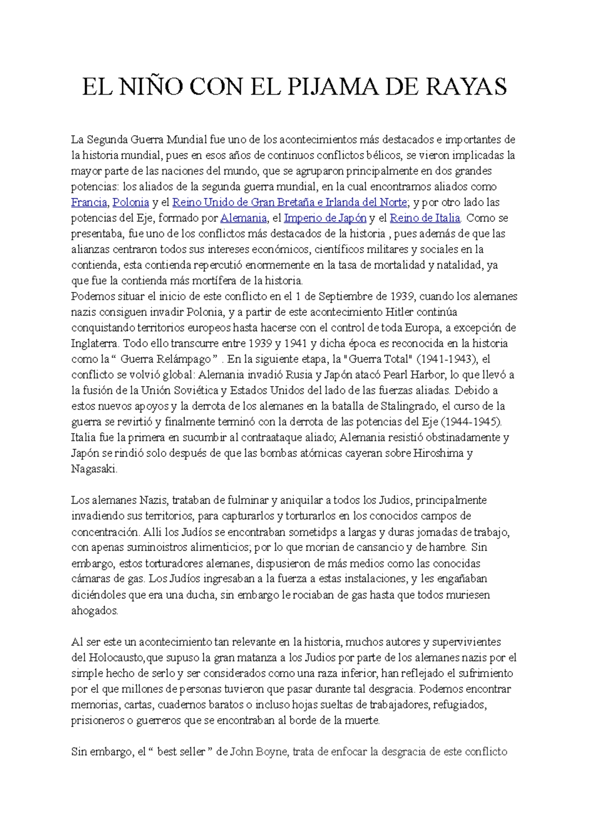 Trabajo literatura 40% el niño con el pijama de rayas - EL NIÑO CON EL ...