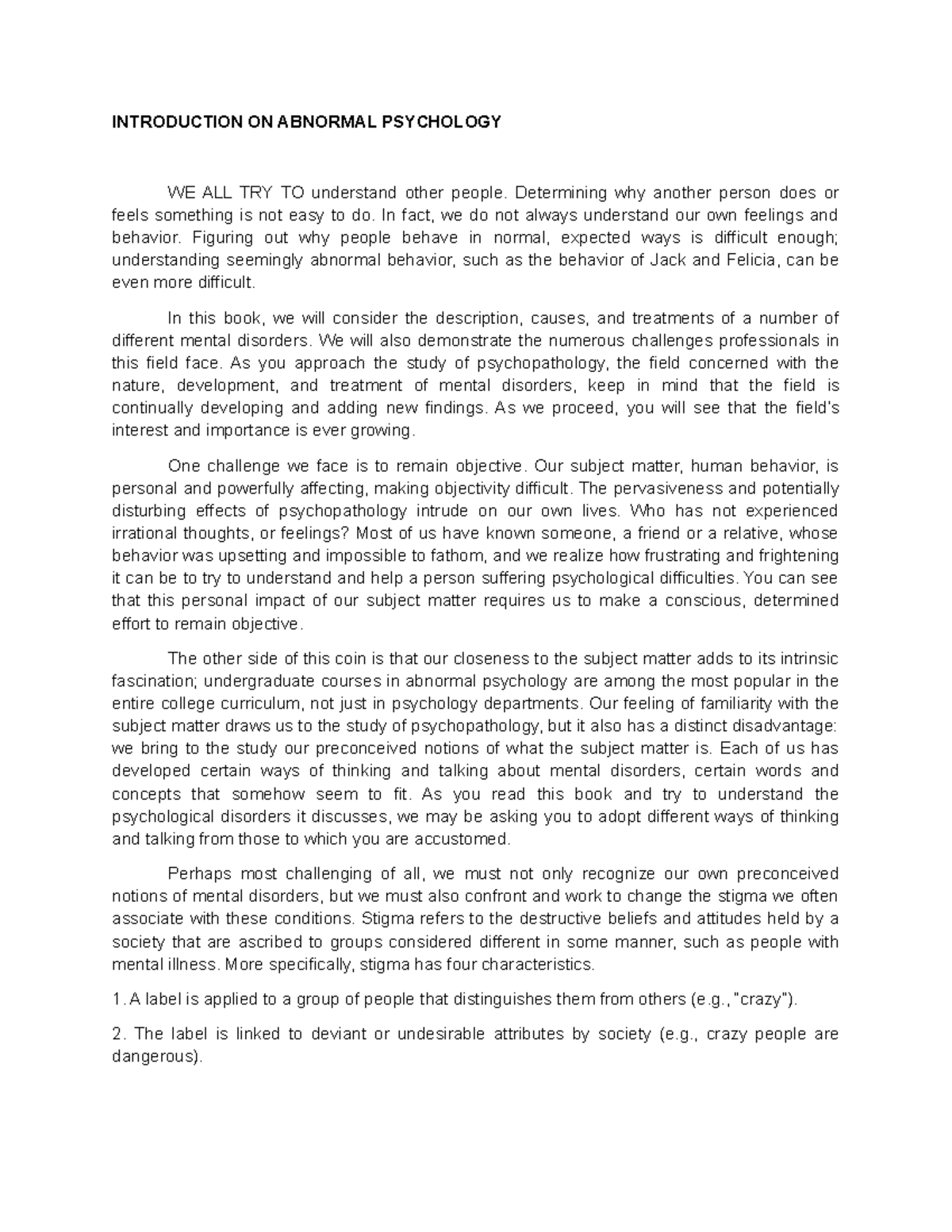 Introduction ON Abnormal Psychology - INTRODUCTION ON ABNORMAL ...