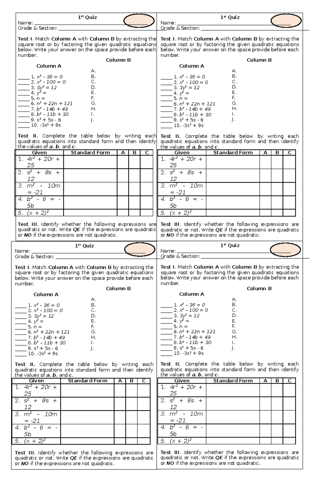 1st Quiz A - Math Quiz - 1 st Quiz Name: Grade & Section: Test I. Match ...