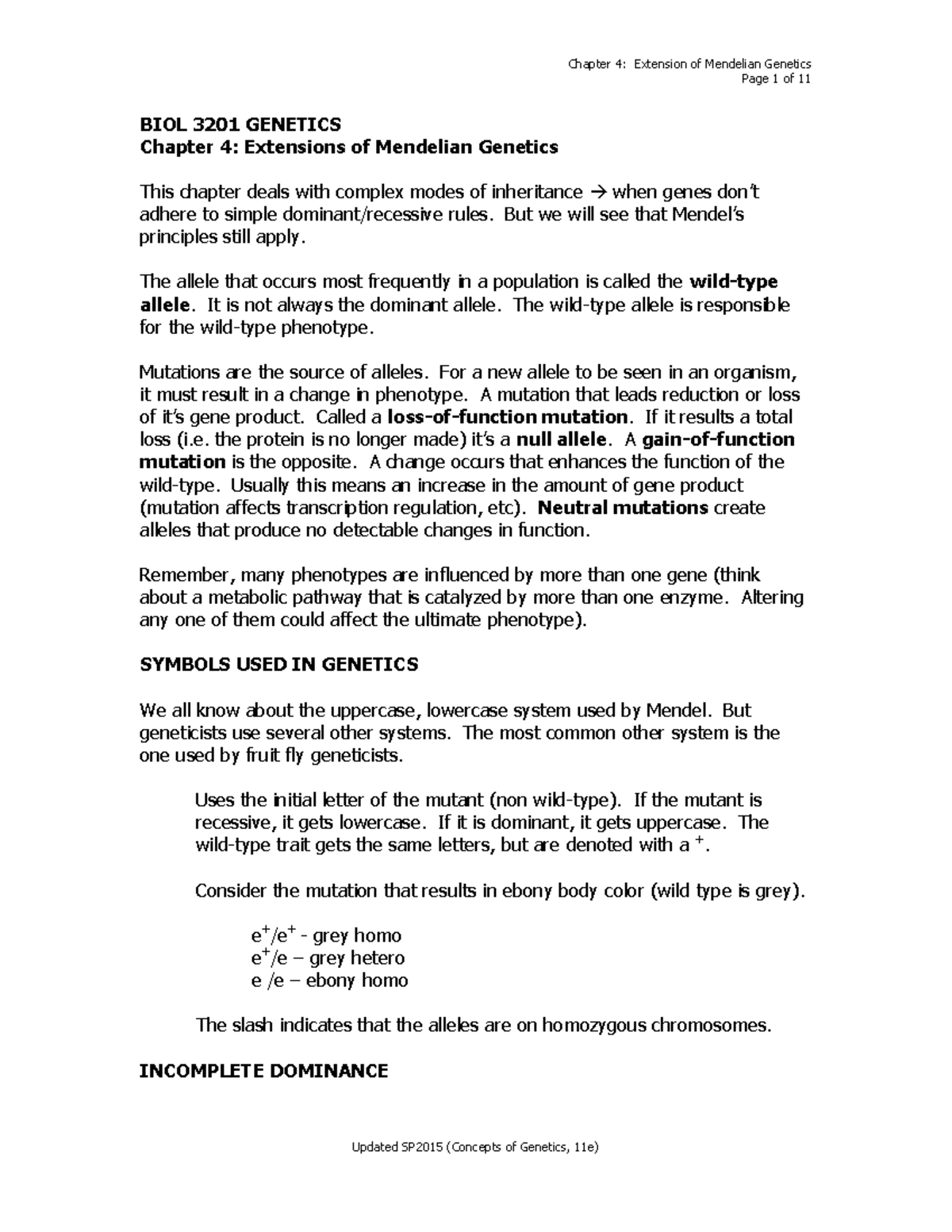 BIOL 3201 Chapter 4 - Extensions of Mendelian Genetics - Page 1 of 11 ...