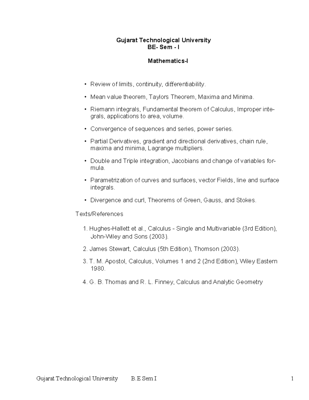 BE-I Syllabus - Gujarat Technological University BE- Sem - I ...