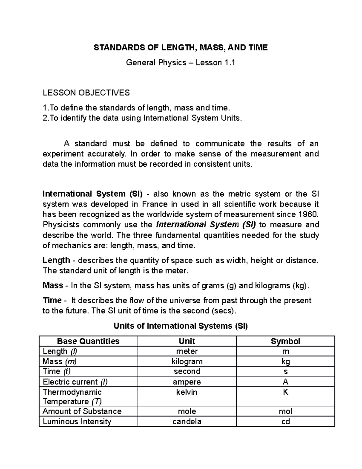 Handout - school purposes - STANDARDS OF LENGTH, MASS, AND TIME General ...