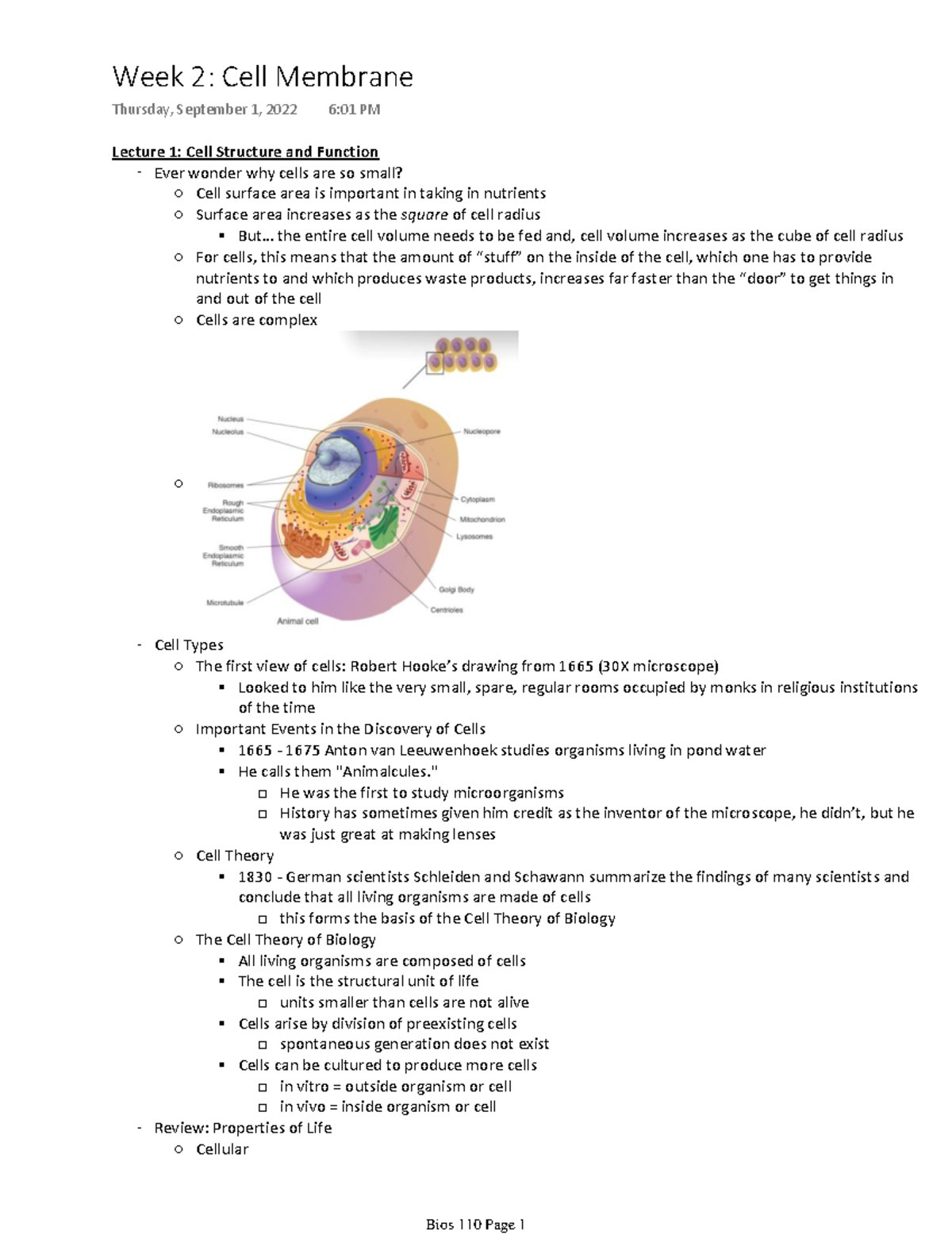 Bios 110 Week 2 pt 2 - Bios 110 Cells and Organism Notes - Lecture 1 ...