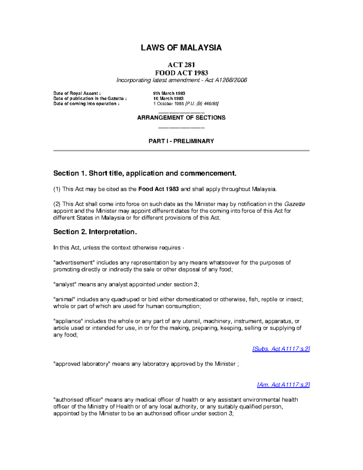 Food act 1983 - Food act - LAWS OF MALAYSIA ACT 281 FOOD ACT 1983 ...