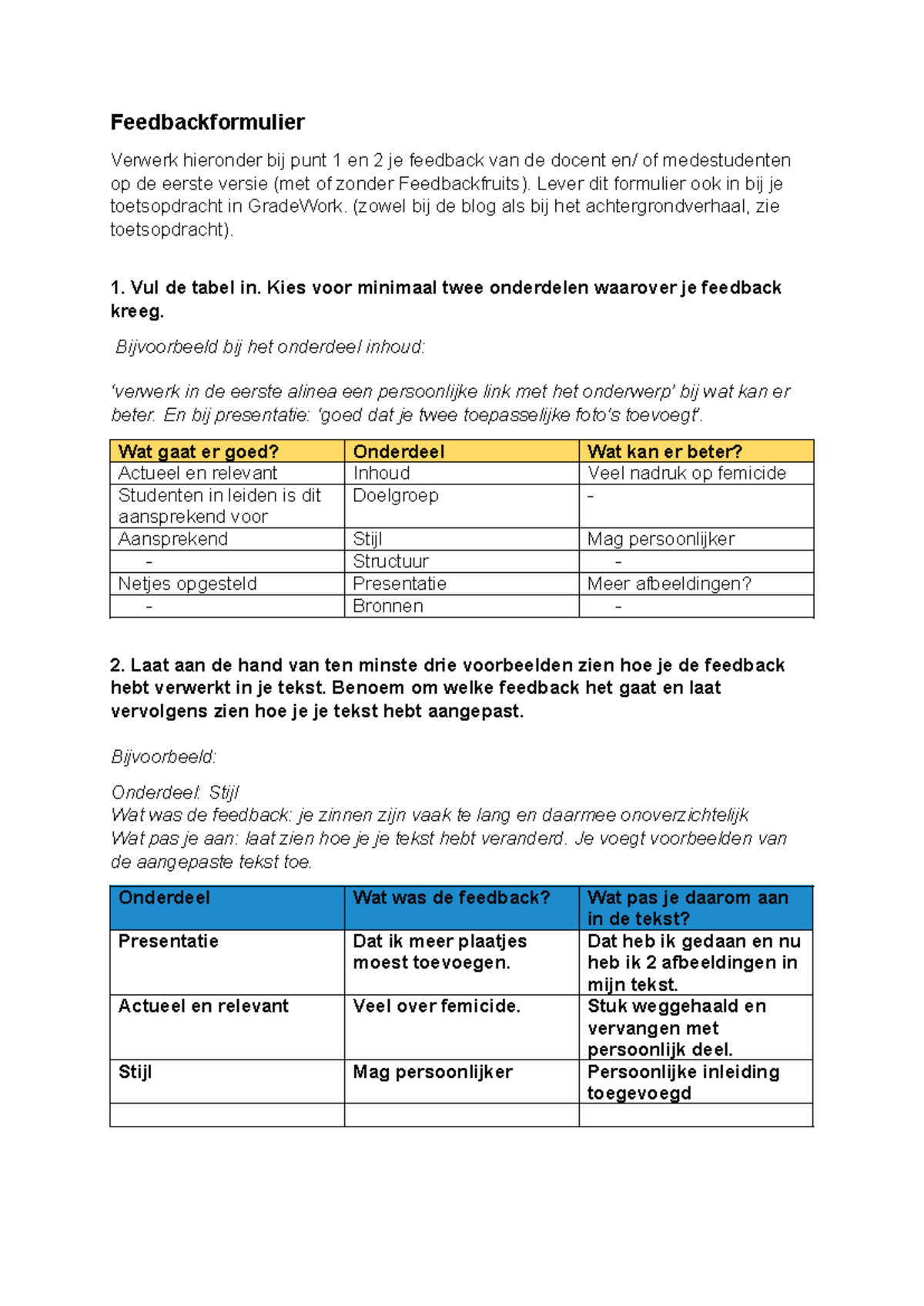Feedbackformulier blog - Feedbackformulier Verwerk hieronder bij punt 1 ...
