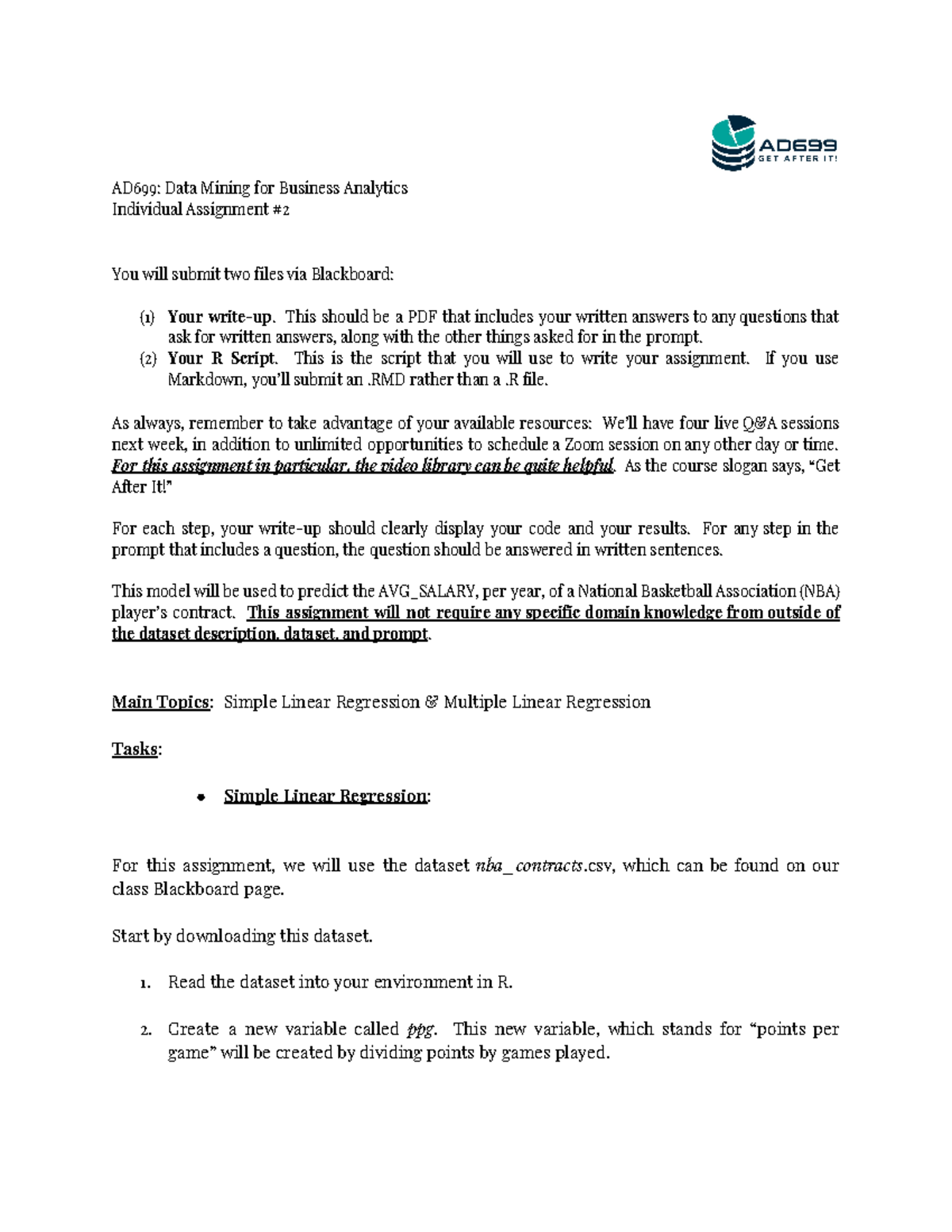 Individual Assignment #2 AD699OL - AD699: Data Mining for Business ...