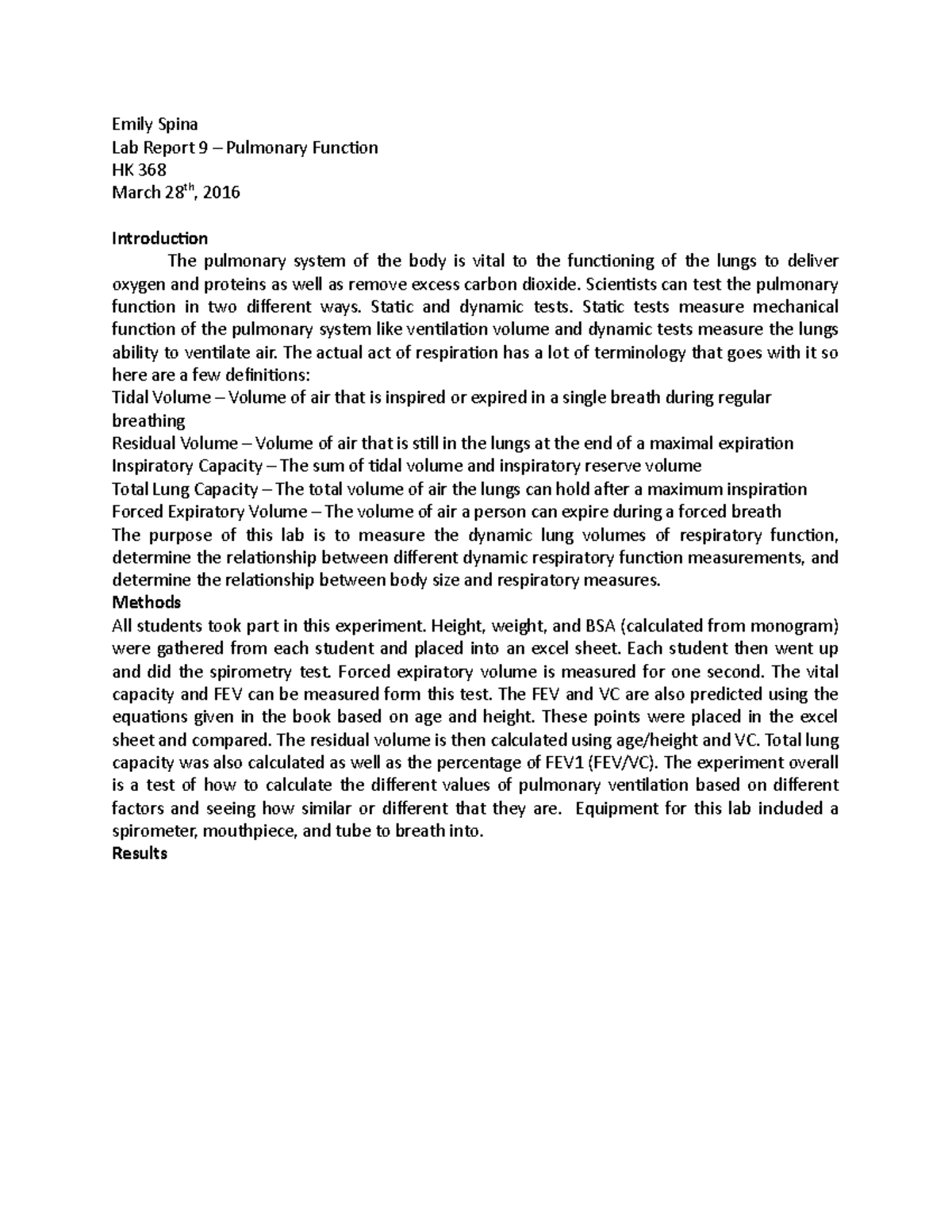 Lab 9 - Lab Assignment - Emily Spina Lab Report 9 – Pulmonary Function ...