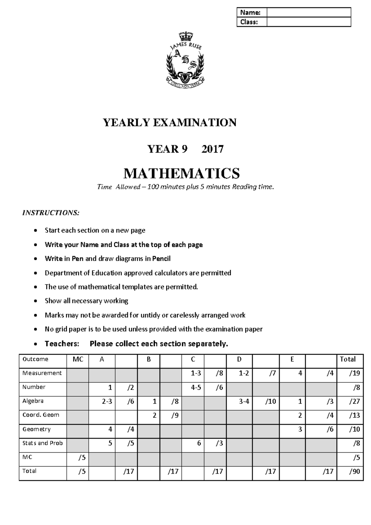 James Ruse 2017 Year 9 Maths Yearly - YEARLY EXAMINATION YEAR 9 2017 ...