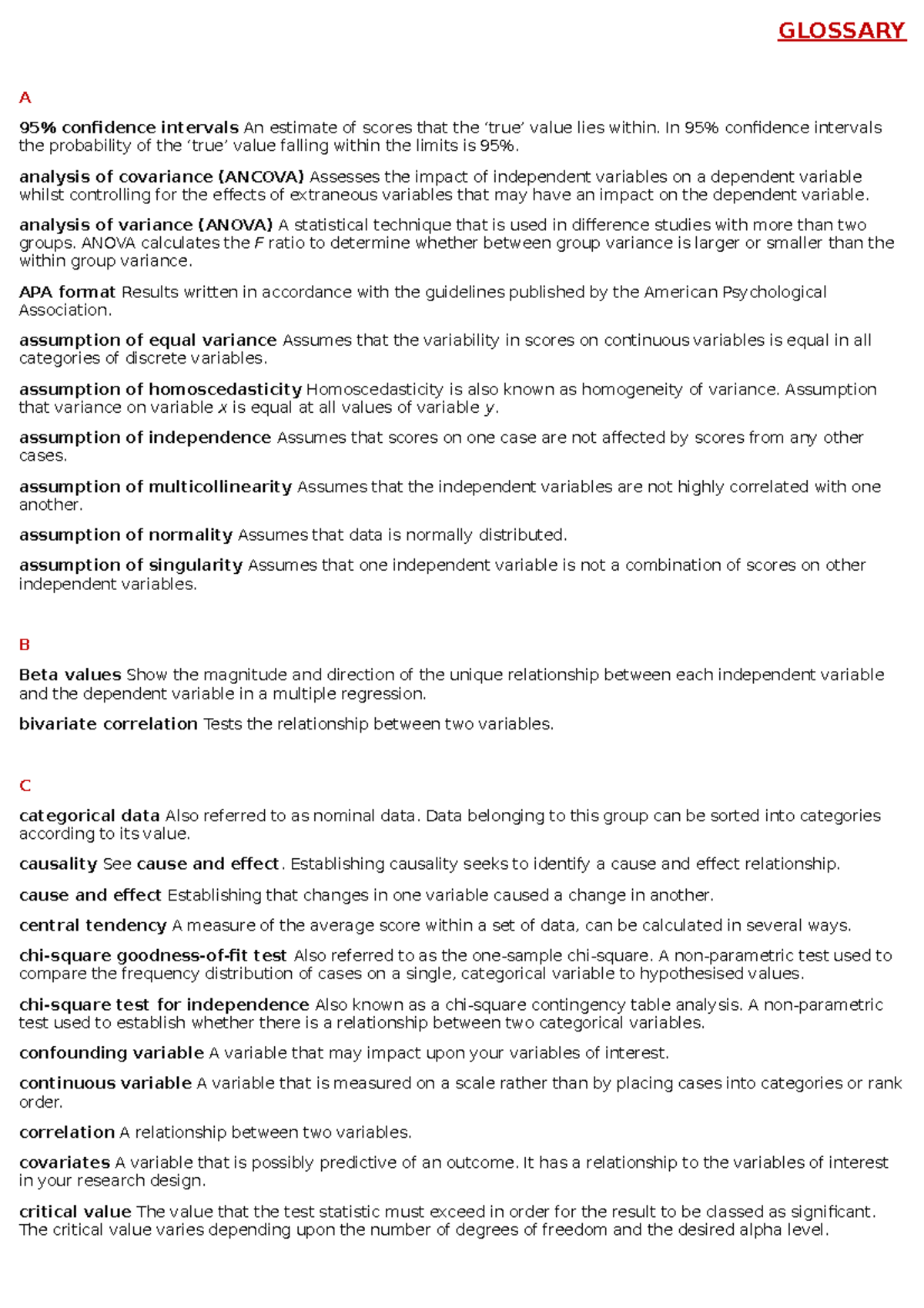 Glossary for Statistics - GLOSSARY A 95% confidence intervals An ...