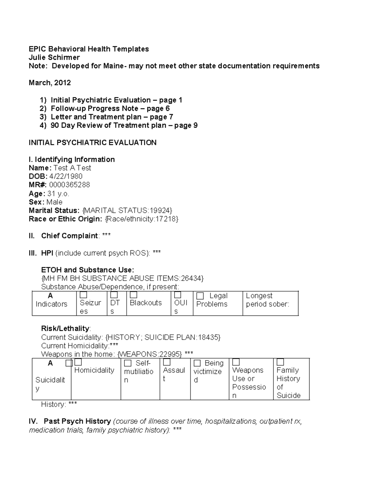 BH Documentation Templates prog note assess tx plan etc EPIC - EPIC ...