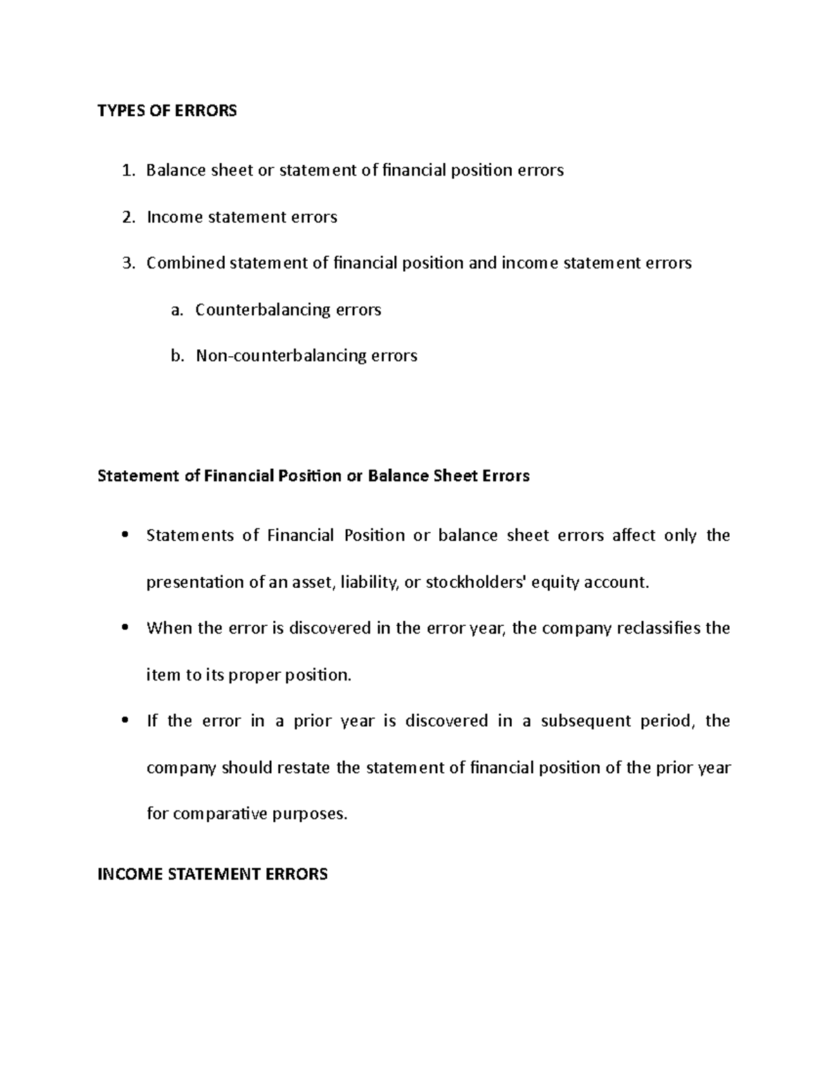 Types OF Errors - TYPES OF ERRORS Balance sheet or statement of ...