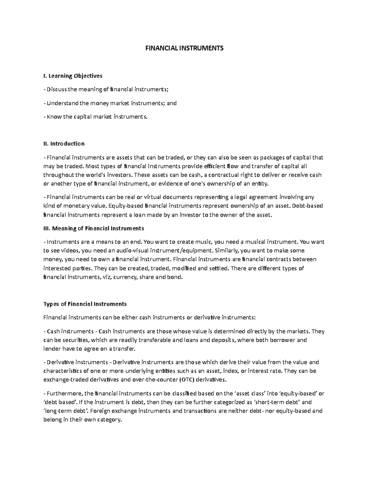 Financial instruments notes - FINANCIAL INSTRUMENTS I. Learning ...