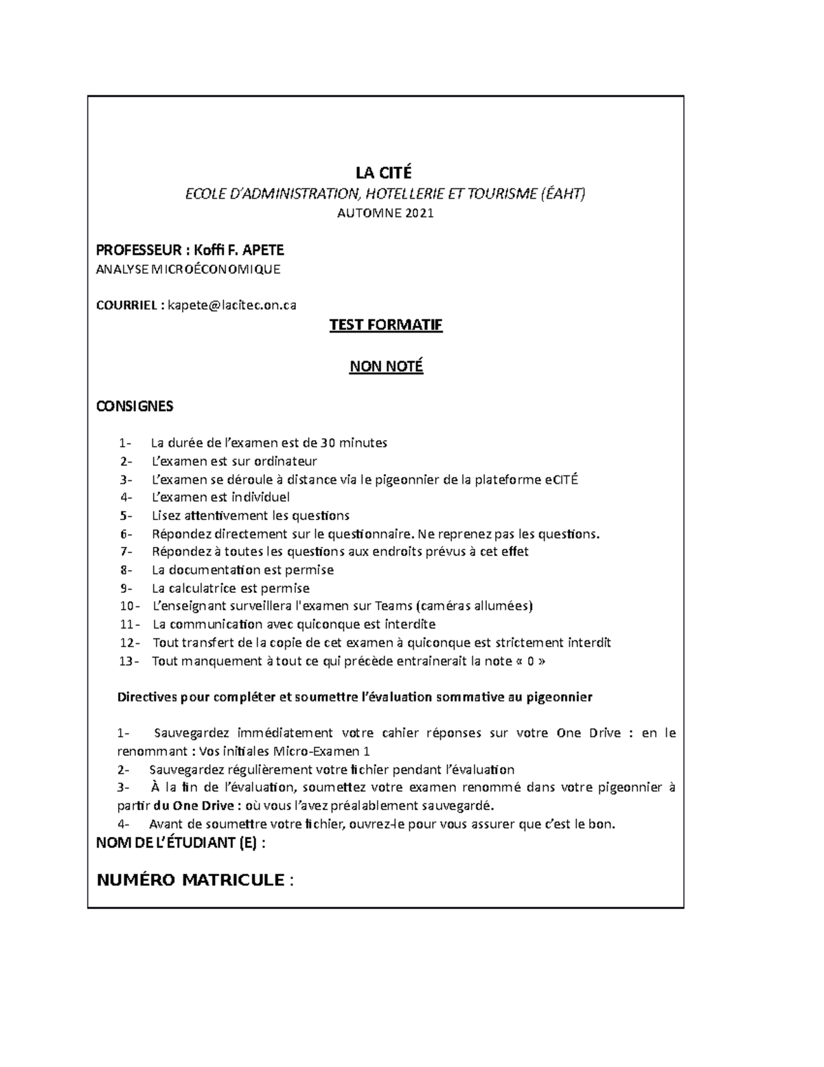 TEST Formatif Corrigé - LA CITÉ ECOLE D’ADMINISTRATION, HOTELLERIE ET ...