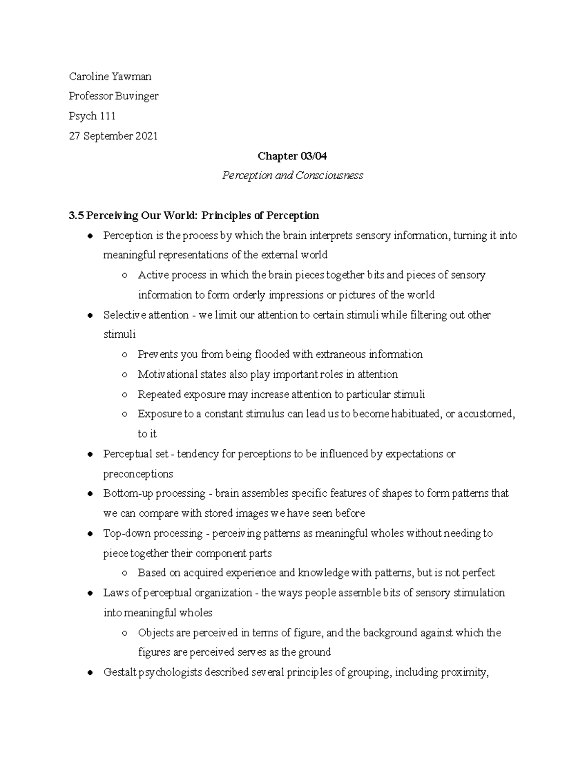 Lecture Week 05 Notes - Caroline Yawman Professor Buvinger Psych 111 27 ...