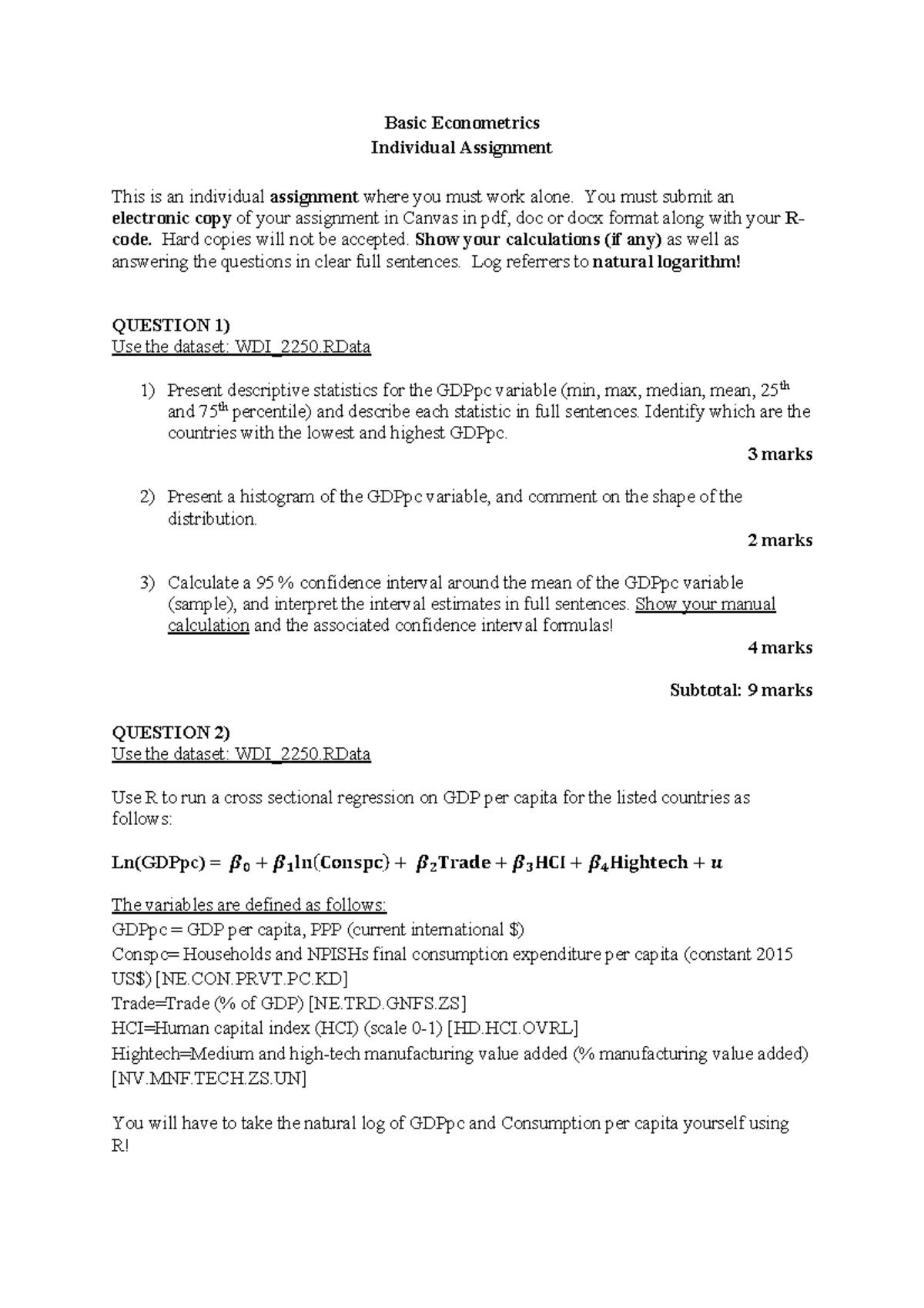 Individual Home Assignment ECON1066 2250 - Basic Econometrics ...