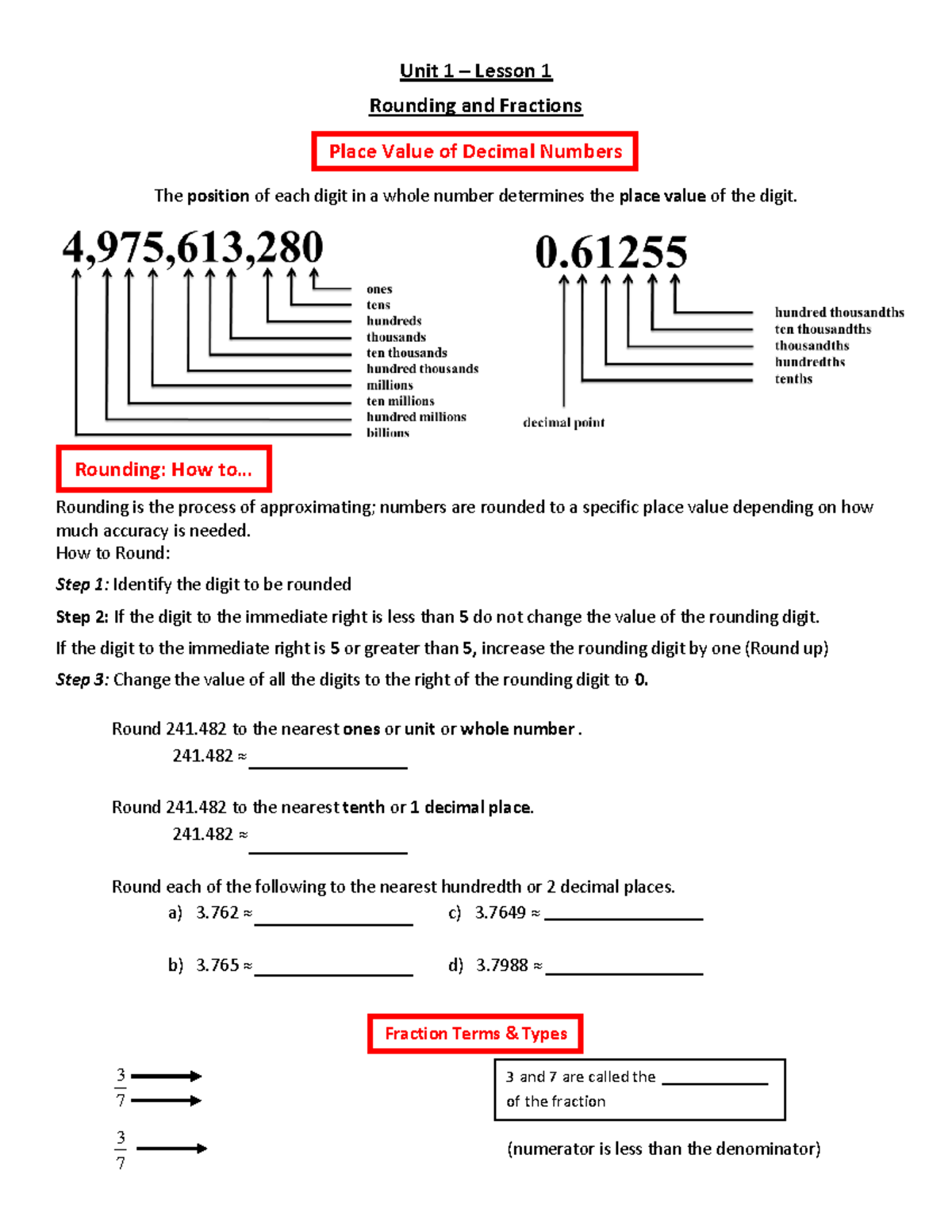 L1-1.1 Rounding & 1.3 Fractions - Unit 1 – Lesson 1 Rounding and ...