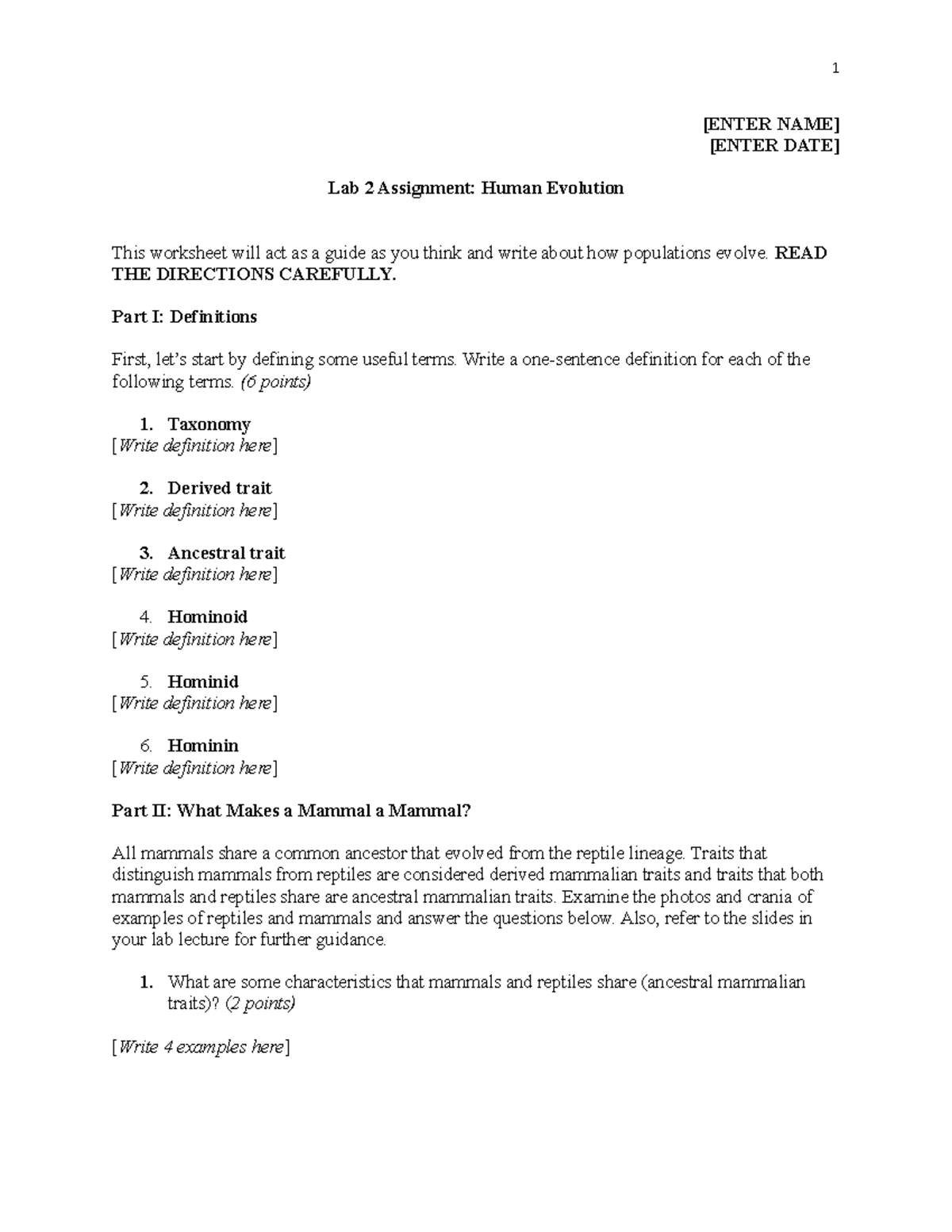 Lab 2 Worksheet-Human Evolution - [ENTER NAME] [ENTER DATE] Lab 2 ...