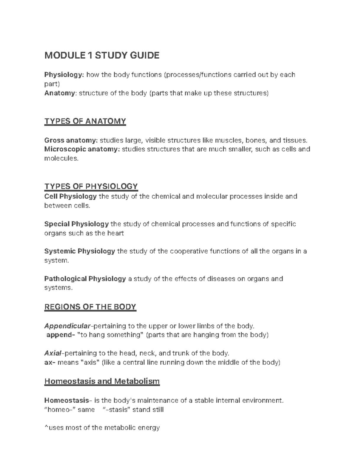 Module 1 Study Guide - MODULE 1 STUDY GUIDE Physiology: how the body ...