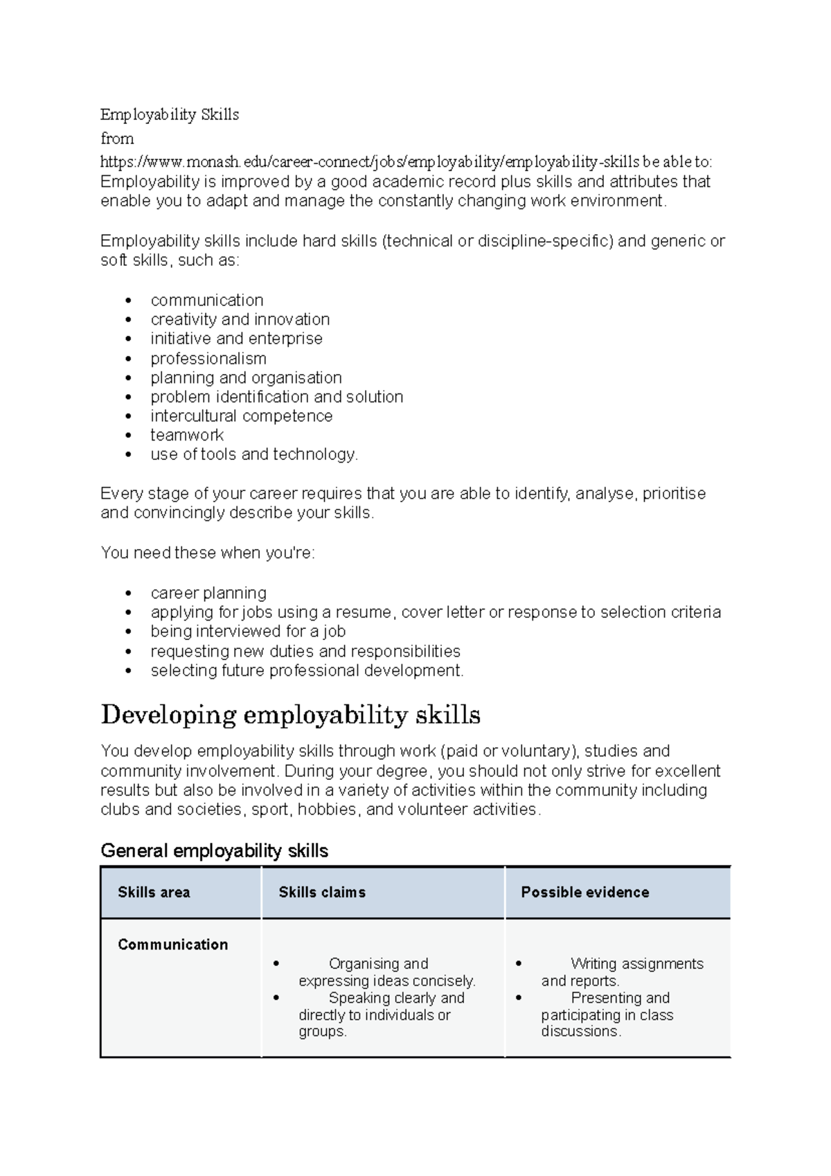 Employability skills for readings on Moodel week 12 - Employability ...