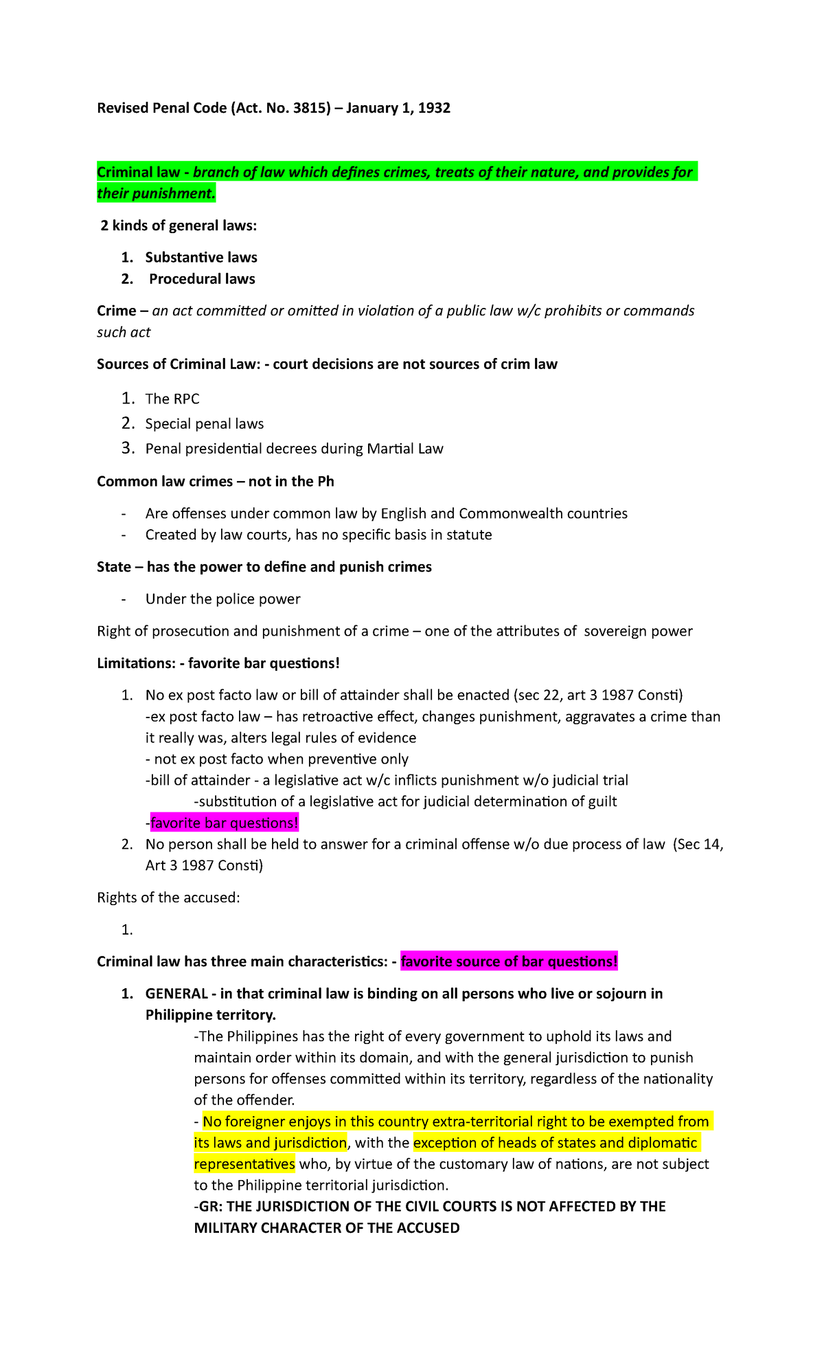 Notes on Crim Law - Revised Penal Code (Act. No. 3815) – January 1 ...