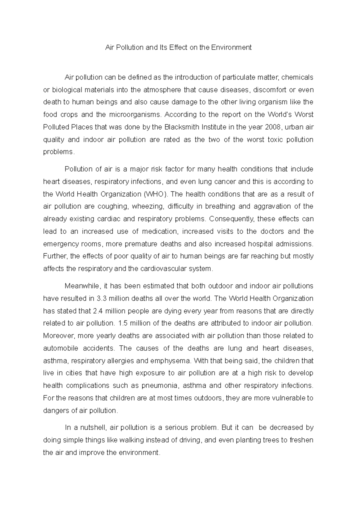 Air Pollution and Its Effect on the Environment - According to the ...