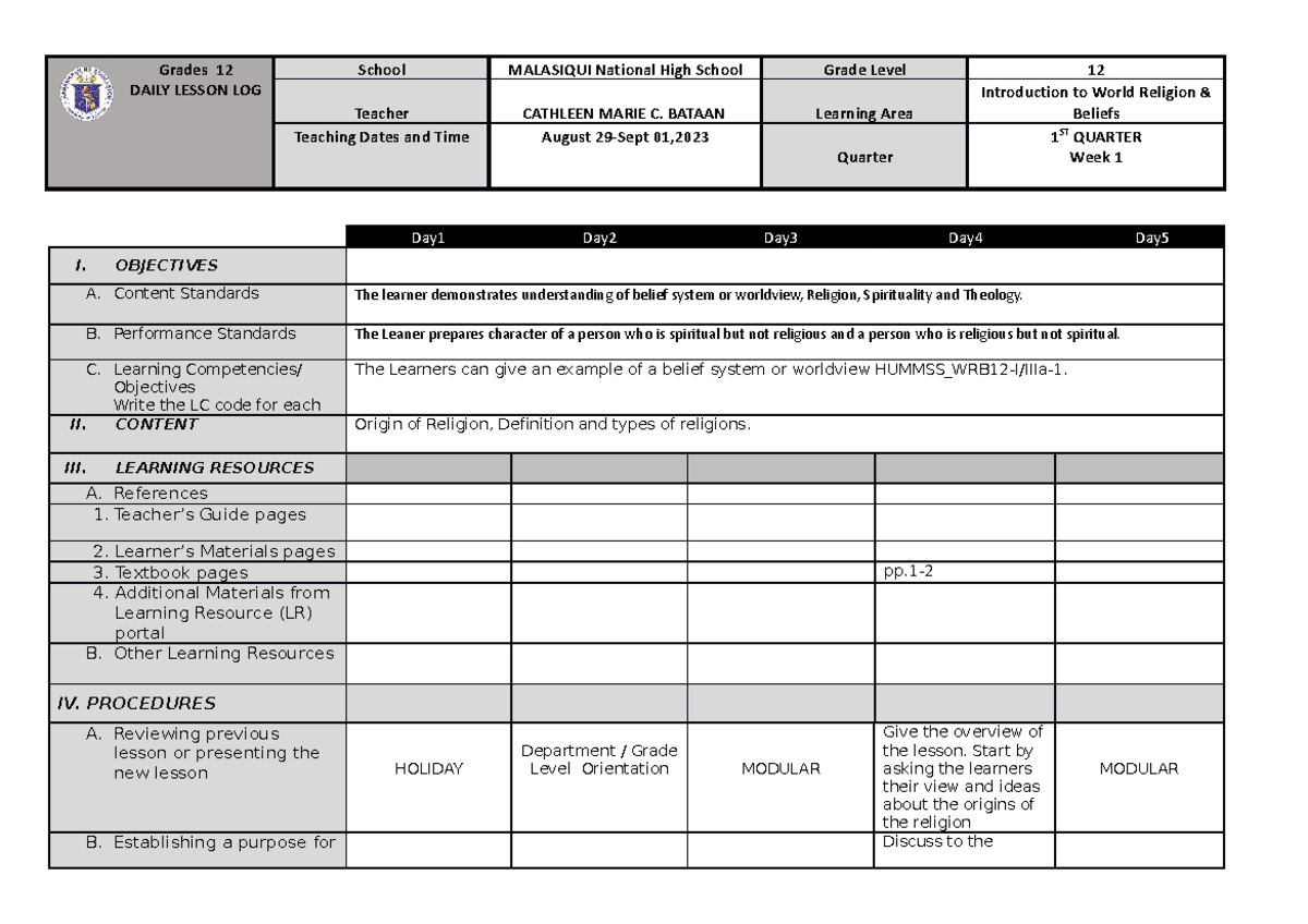 Orientation-week - Orientation week DLL - Grades 12 DAILY LESSON LOG ...