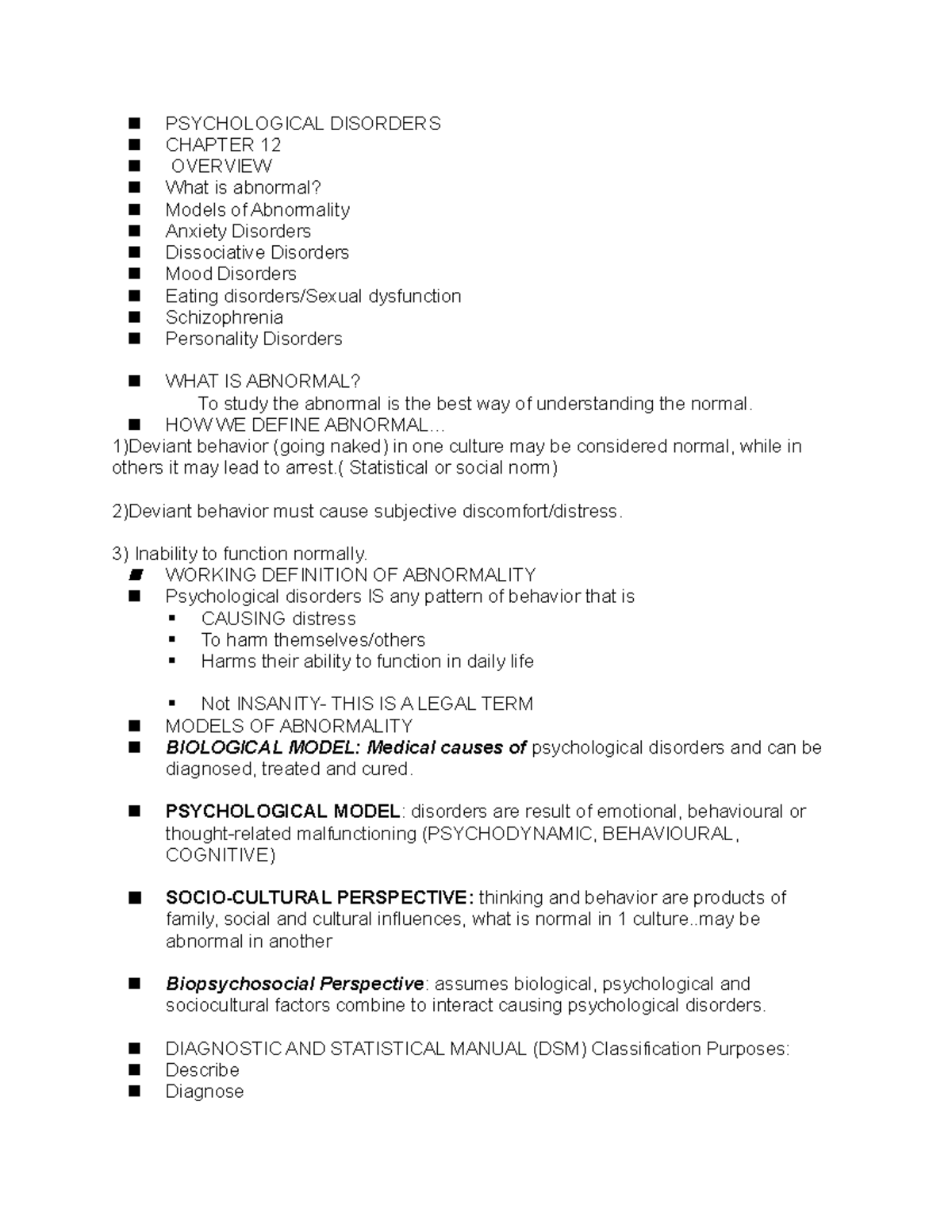 Chpater 12 notes - Chapter 12 summaries - PSYCHOLOGICAL DISORDERS ...