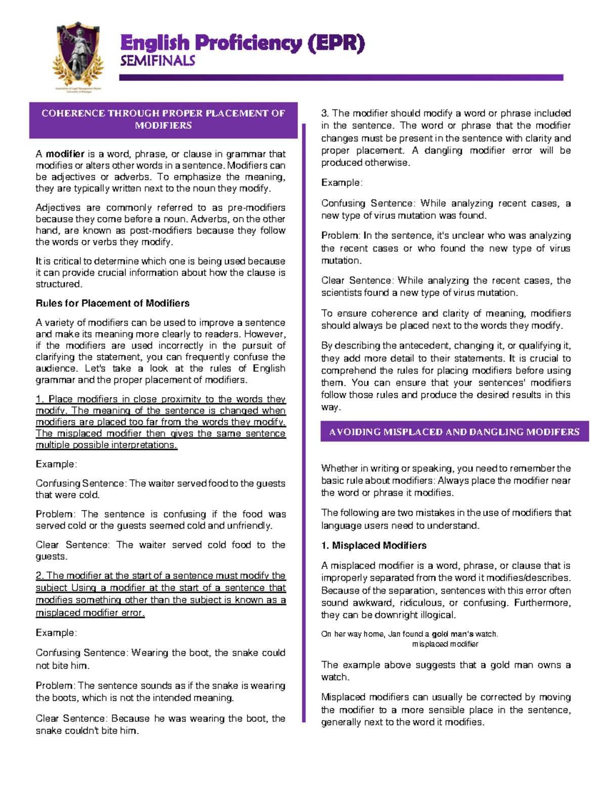 EPR SEMIFINALS REVIEWER - A modifier is a word, phrase, or clause in ...