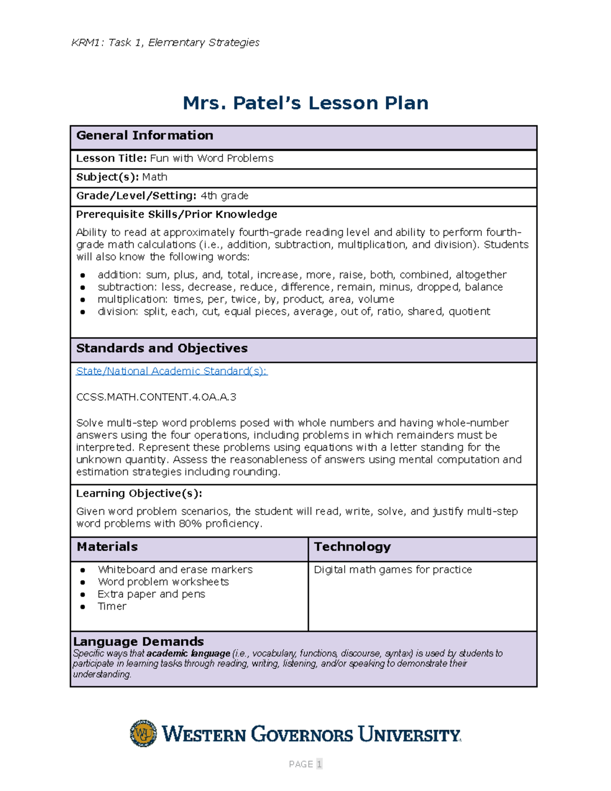 Mrs. Patel’s Lesson Plan - KRM1: Task 1, Elementary Strategies Mrs ...