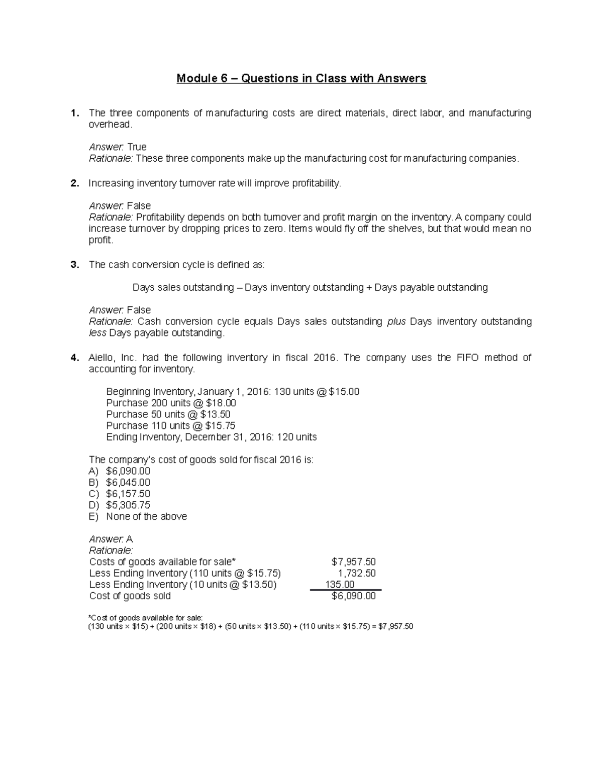 Chapter 6 exercises in class with Answers - Module 6 – Questions in ...
