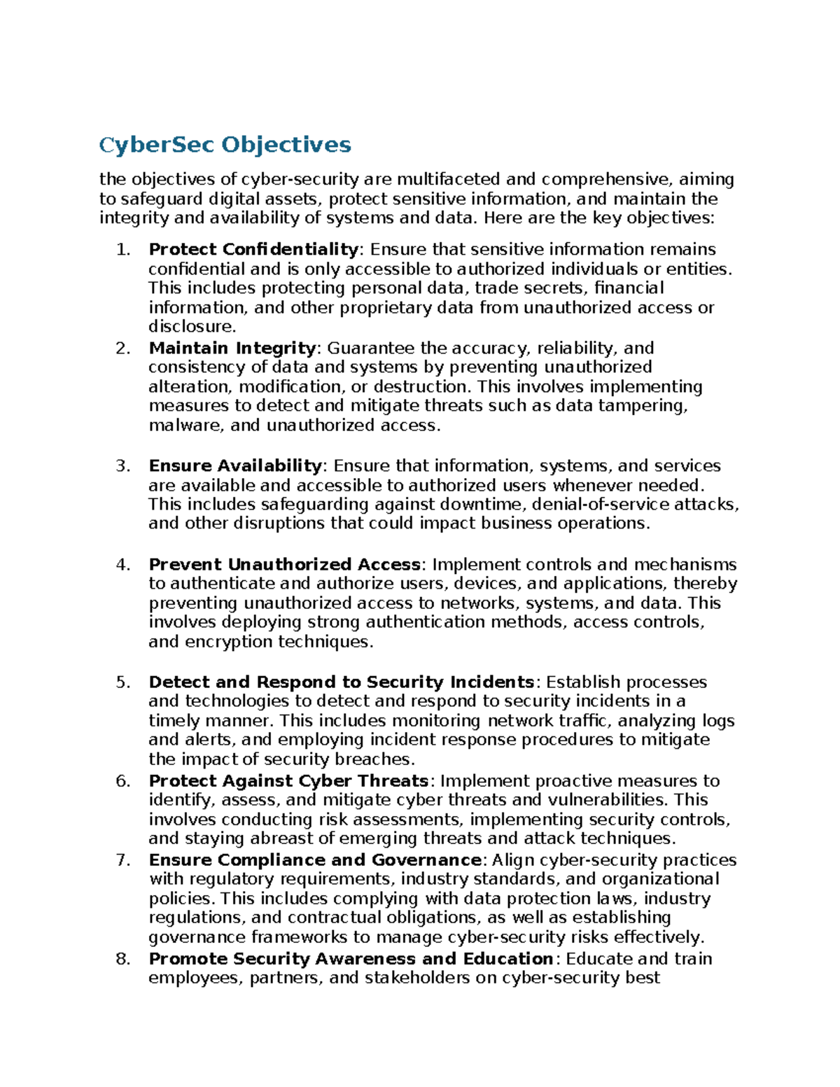 Cyber Security unit 1 - CyberSec Objectives the objectives of cyber ...