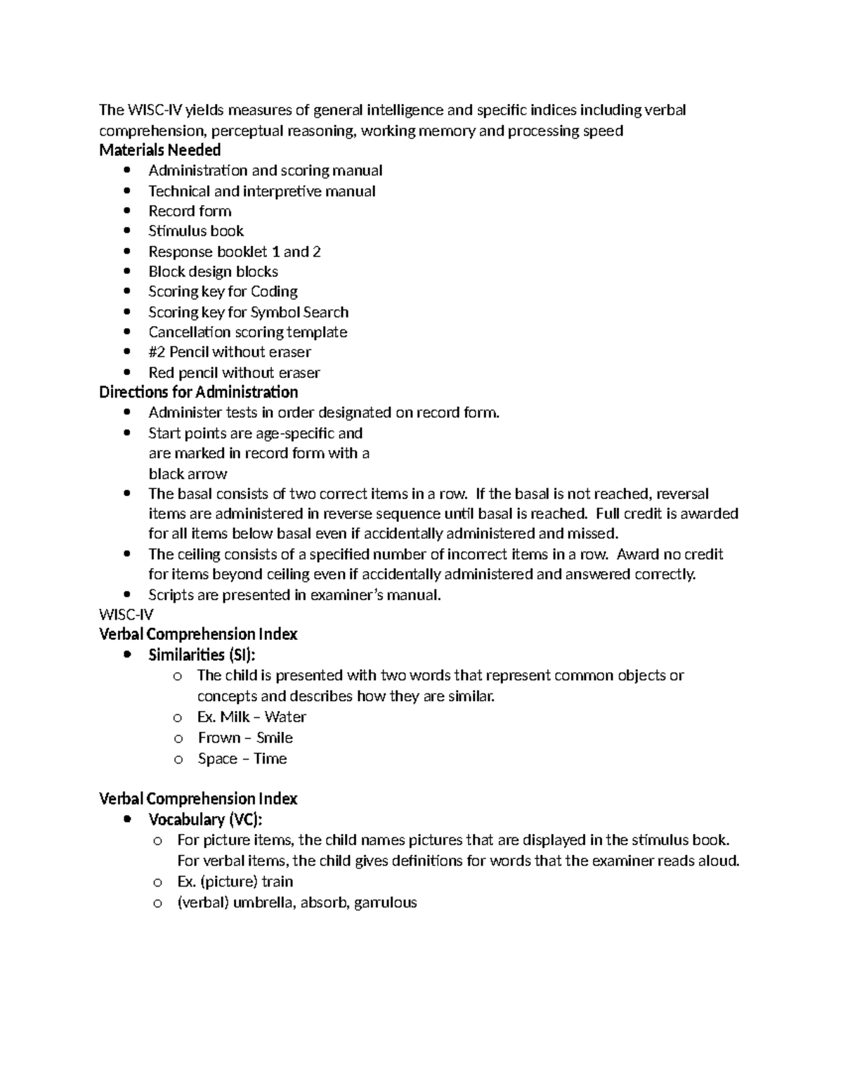 Exam 2 handouts - Summary tests and measurments - The WISC-IV yields ...