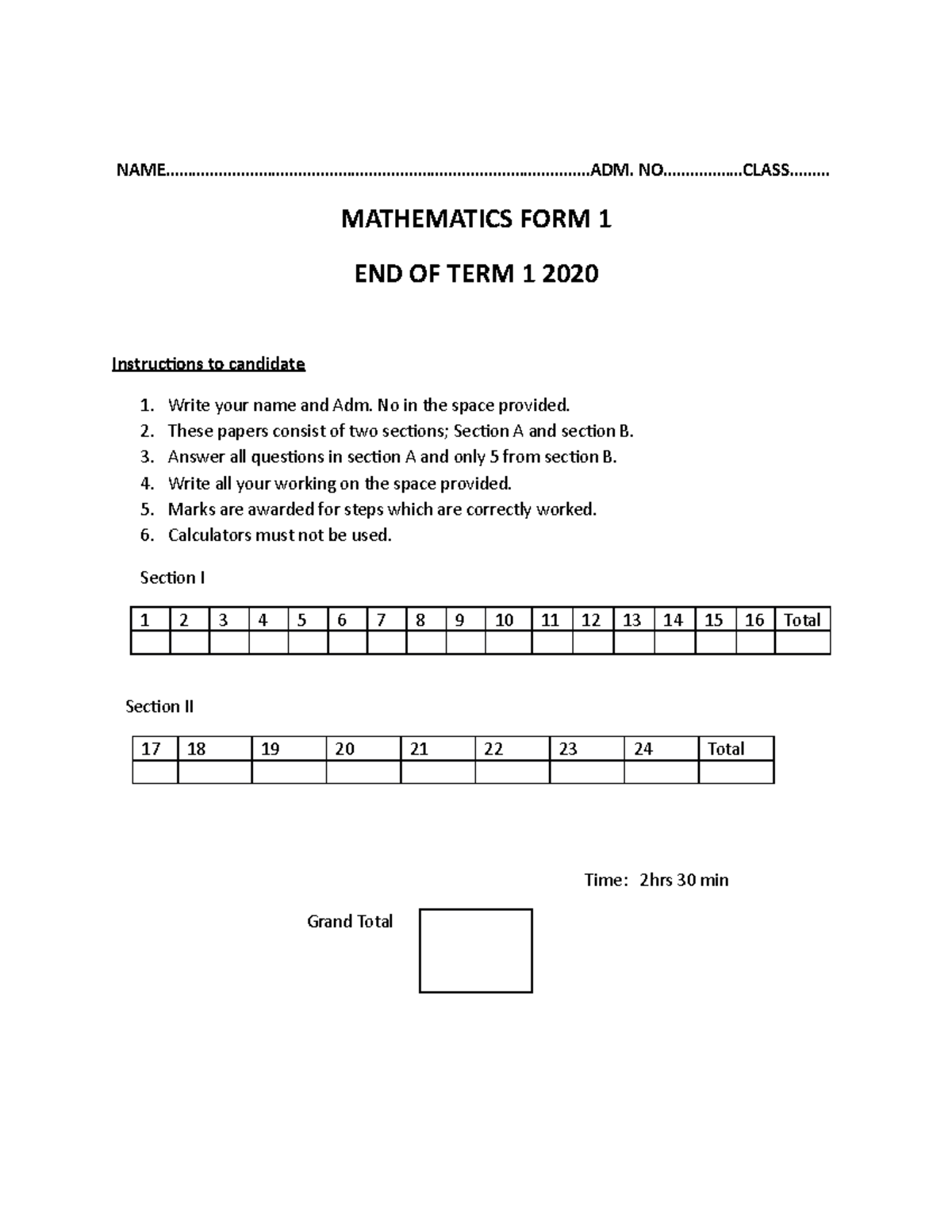 Maths FORM 1 TERM 1 QP 2020 - - Studocu