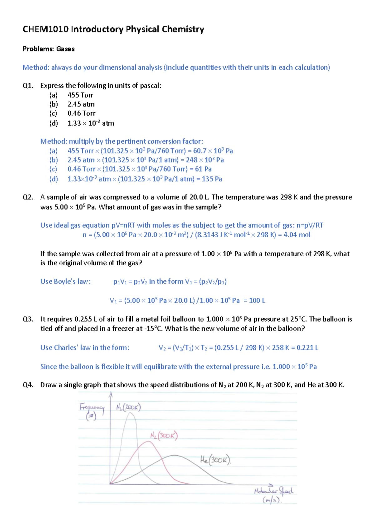 CHEM1010 Gases Worksheet 1 Solutions - CHEM1010 Introductory Physical ...