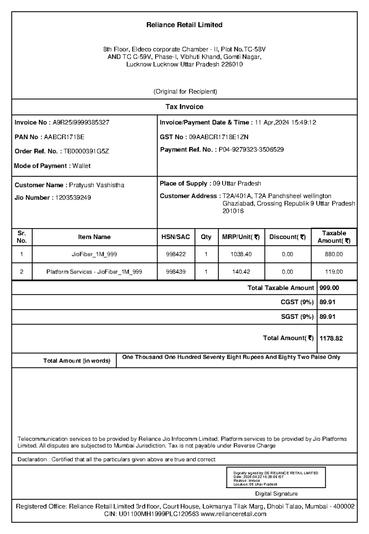 Apr Invoice - Tax Invoice (Original for Recipient) Reliance Retail ...