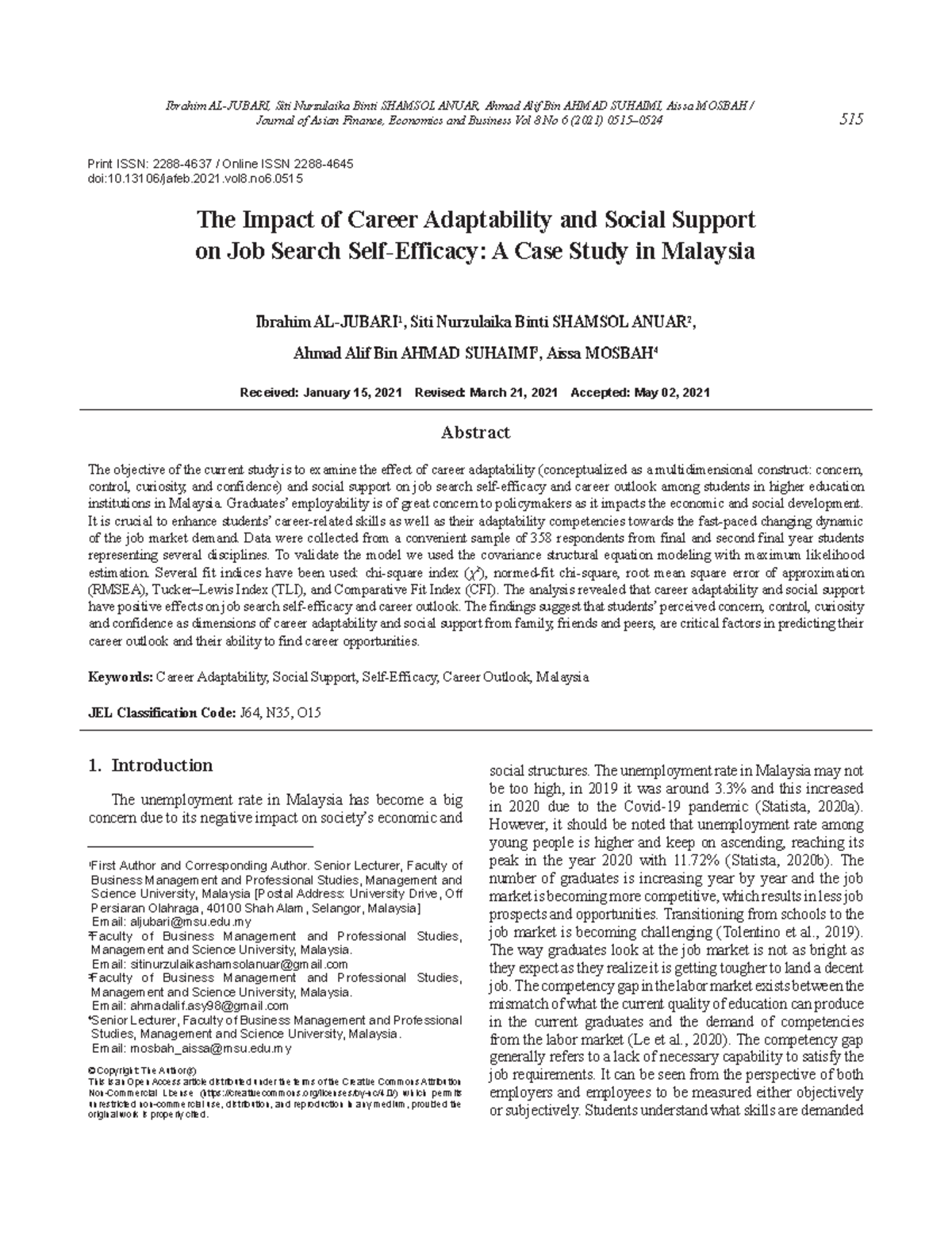 The Impact of Career Adaptability and Social Support on Job Search Self-Efficacy A Case Study in ...