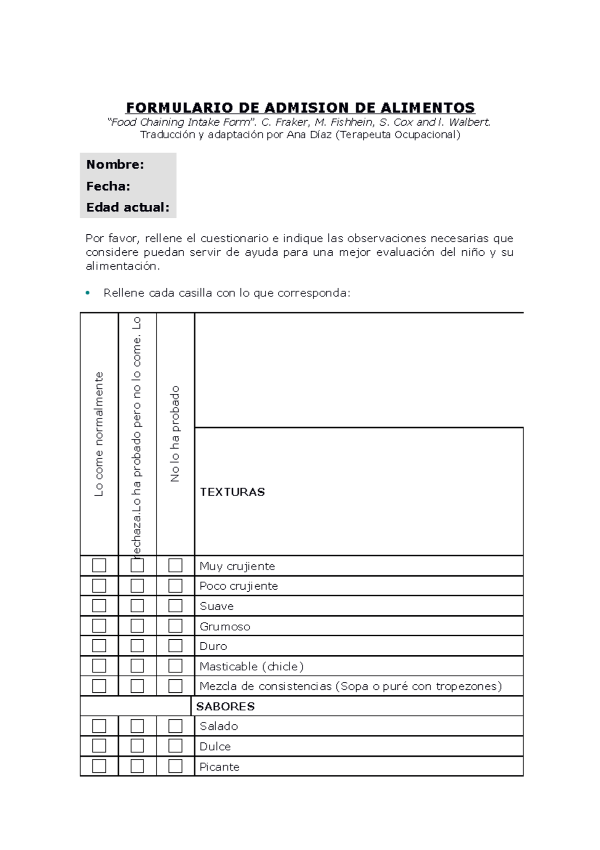 Formulario Alimentos - “Food Chaining Intake Form”. C. Fraker, M ...