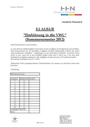 Probeklausur 1 mit Lösung VWL - Hochschule Heilbronn Max-Planck-Str. 39 74081 Heilbronn Prof. Dr ...