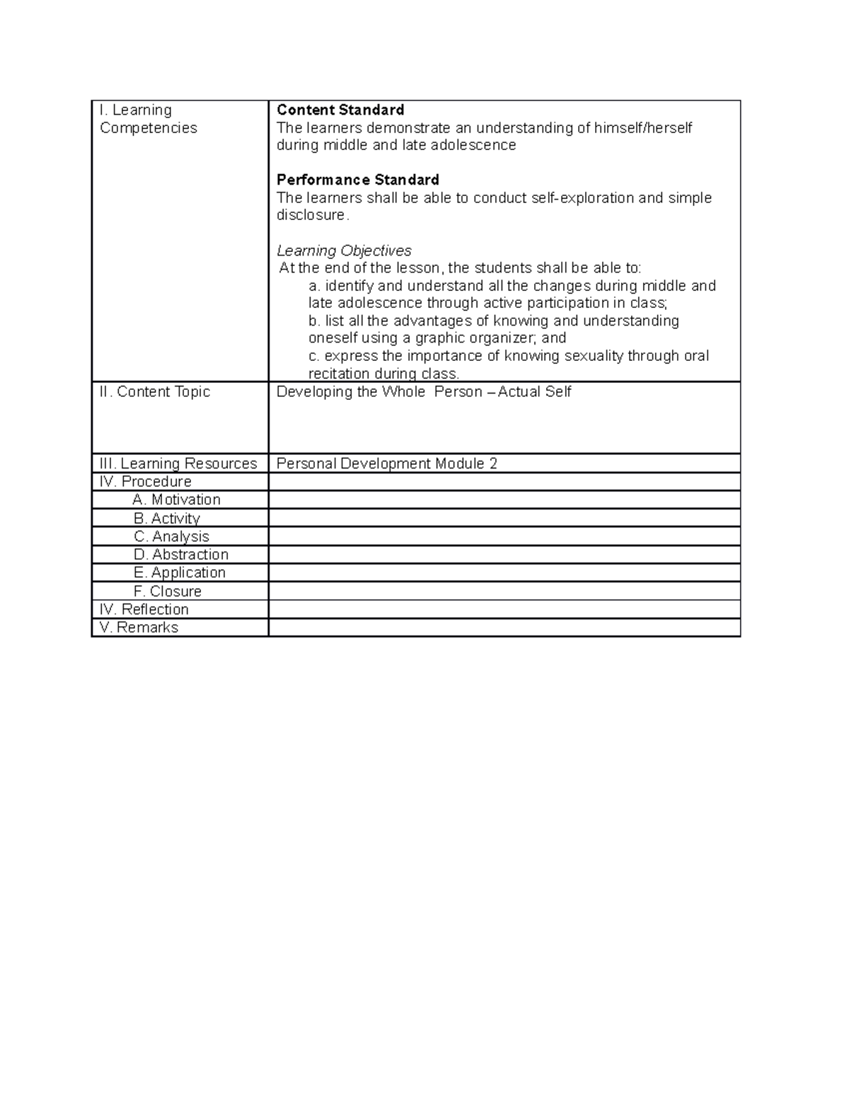 Perdev Sexuality Lesson PLAN - I. Learning Competencies Content ...