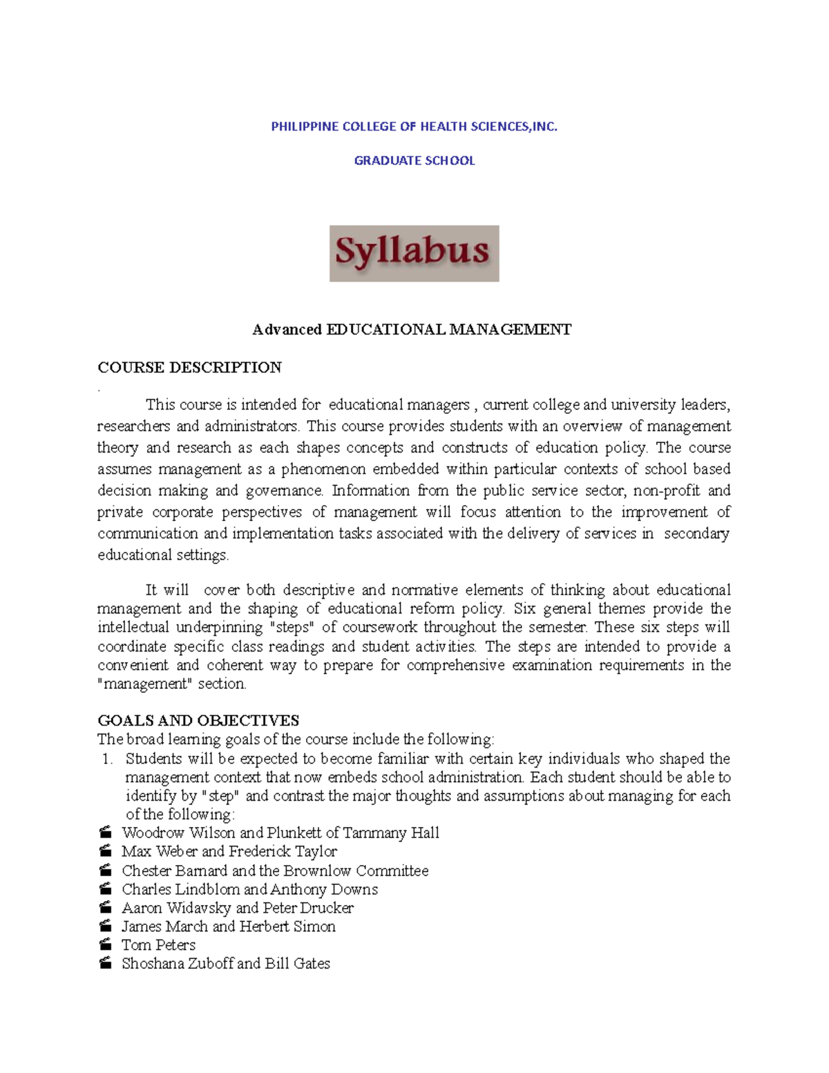 Advanced Educational Management Course Syllabus - PHILIPPINE COLLEGE OF ...