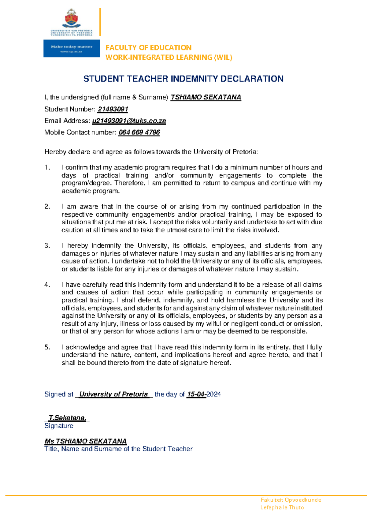 WIL Student Indemnity Declaration Fill in Form - FACULTY OF EDUCATION ...
