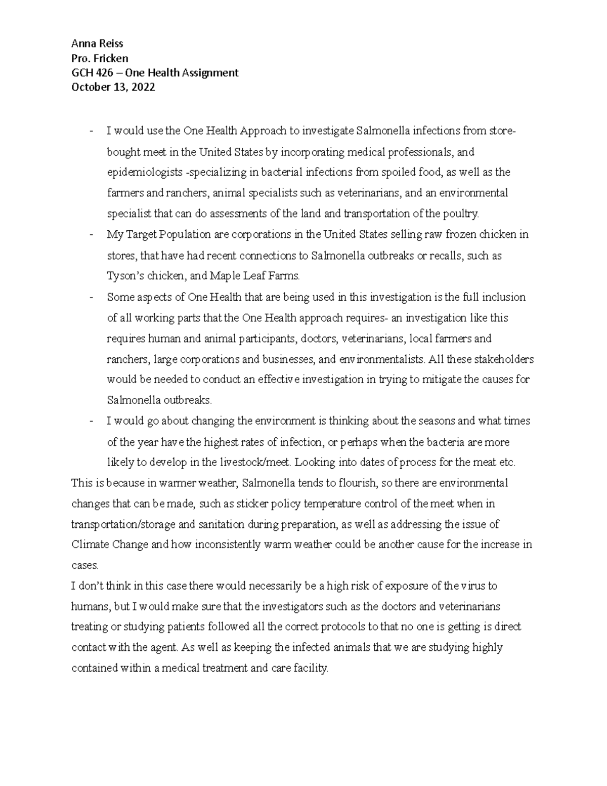 GCH 426 One Health Assignment - Anna Reiss Pro. Fricken GCH 426 – One ...