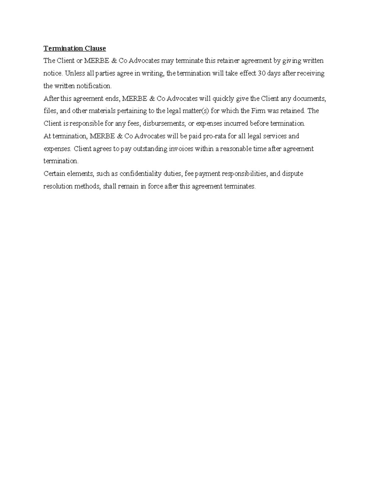 Termination Clause Termination Clause The Client Or Merbe Co