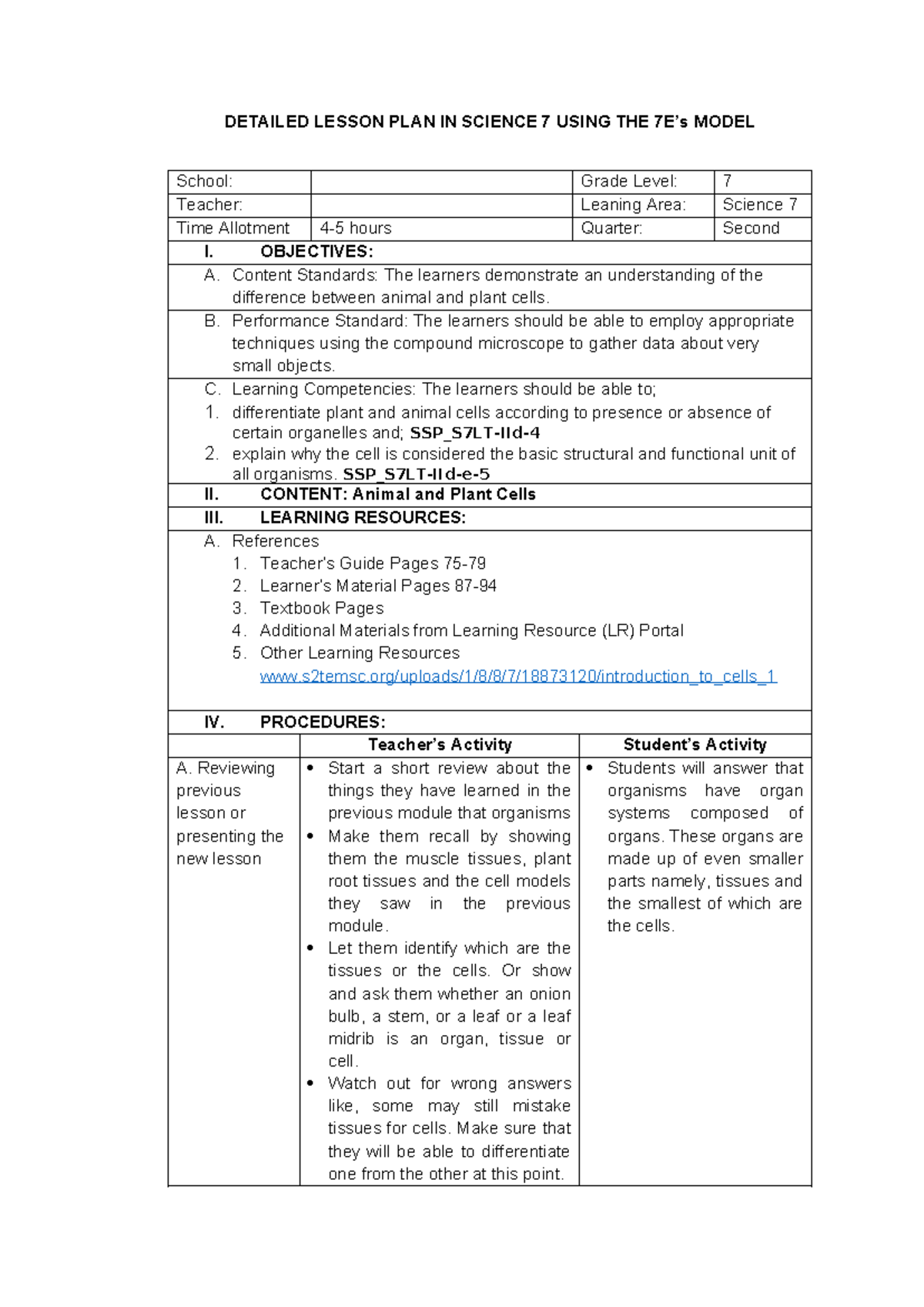 SSP S7LT-IId-4 Animal & Plant Cell - DETAILED LESSON PLAN IN SCIENCE 7 ...
