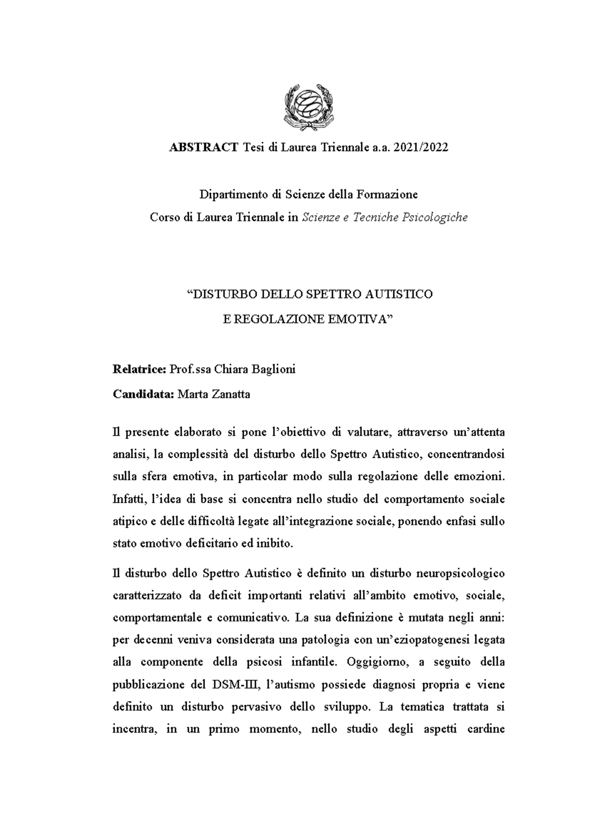 Abstract TESI Marta Zanatta - ABSTRACT Tesi di Laurea Triennale a. 2021 ...